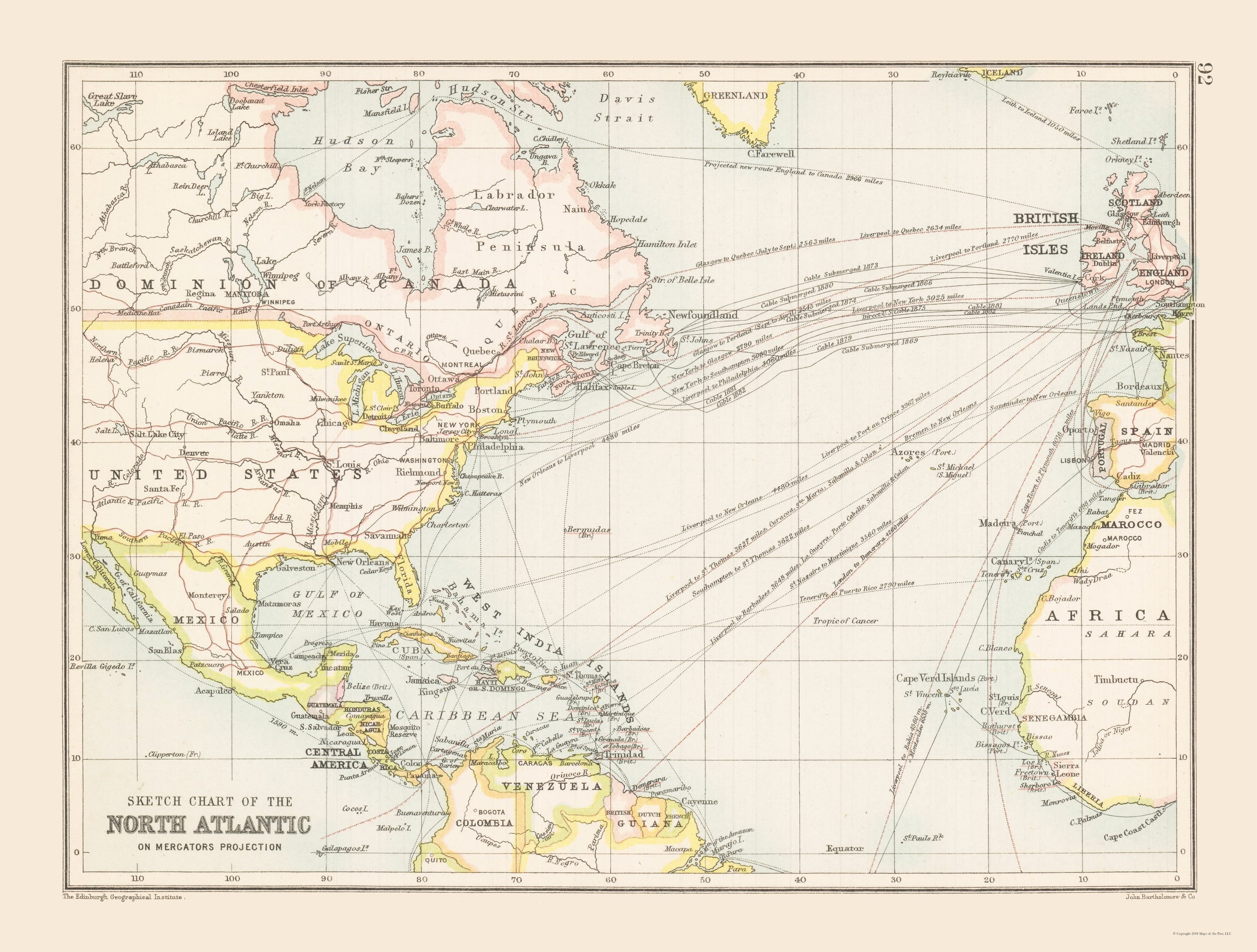Historic Map - North Atlantic Chart - Bartholomew 1892 - 30.36 x 23 ...