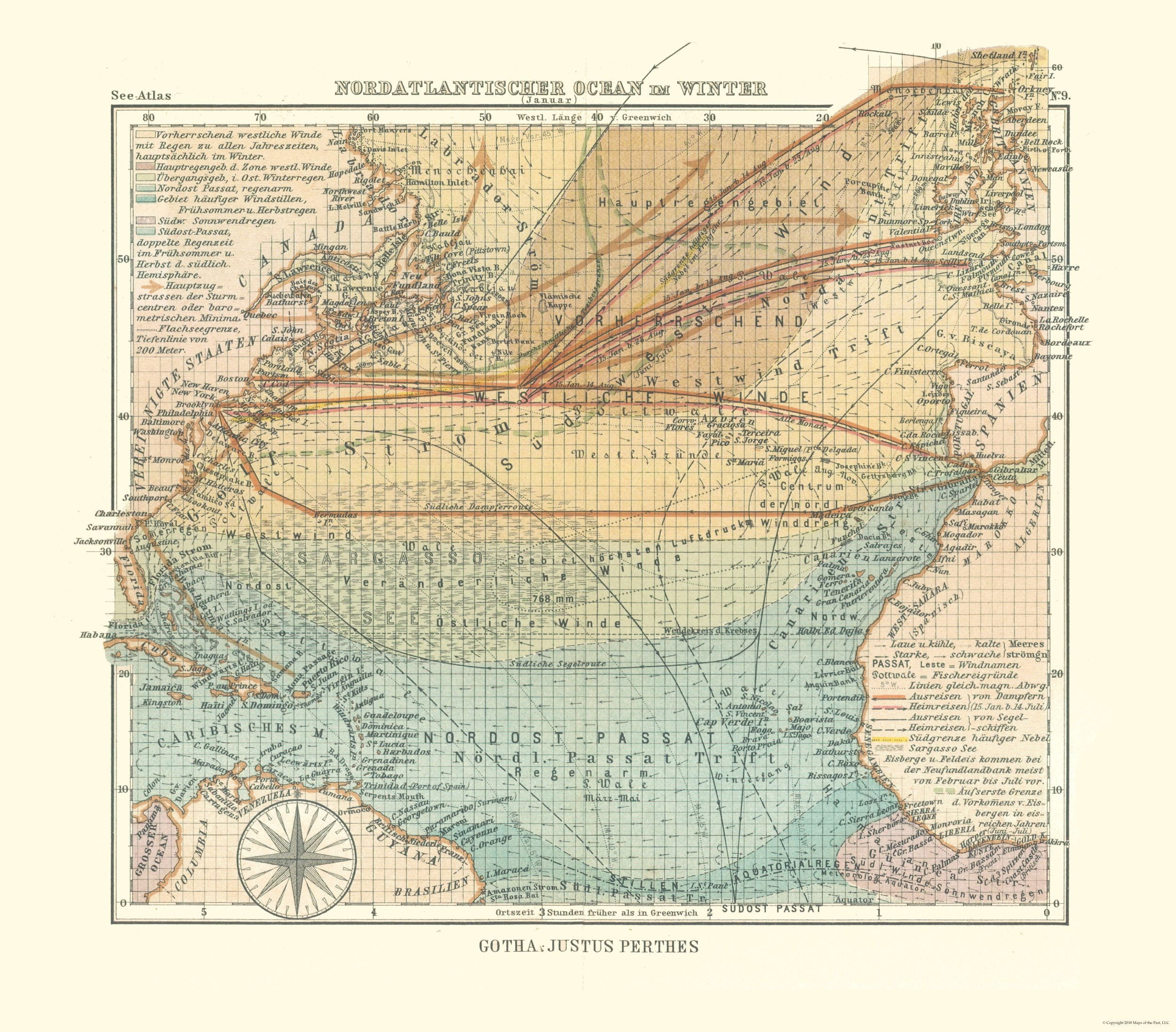 Historic Nautical Map - North Atlantic Ocean in Winter - Perthes 1914 ...