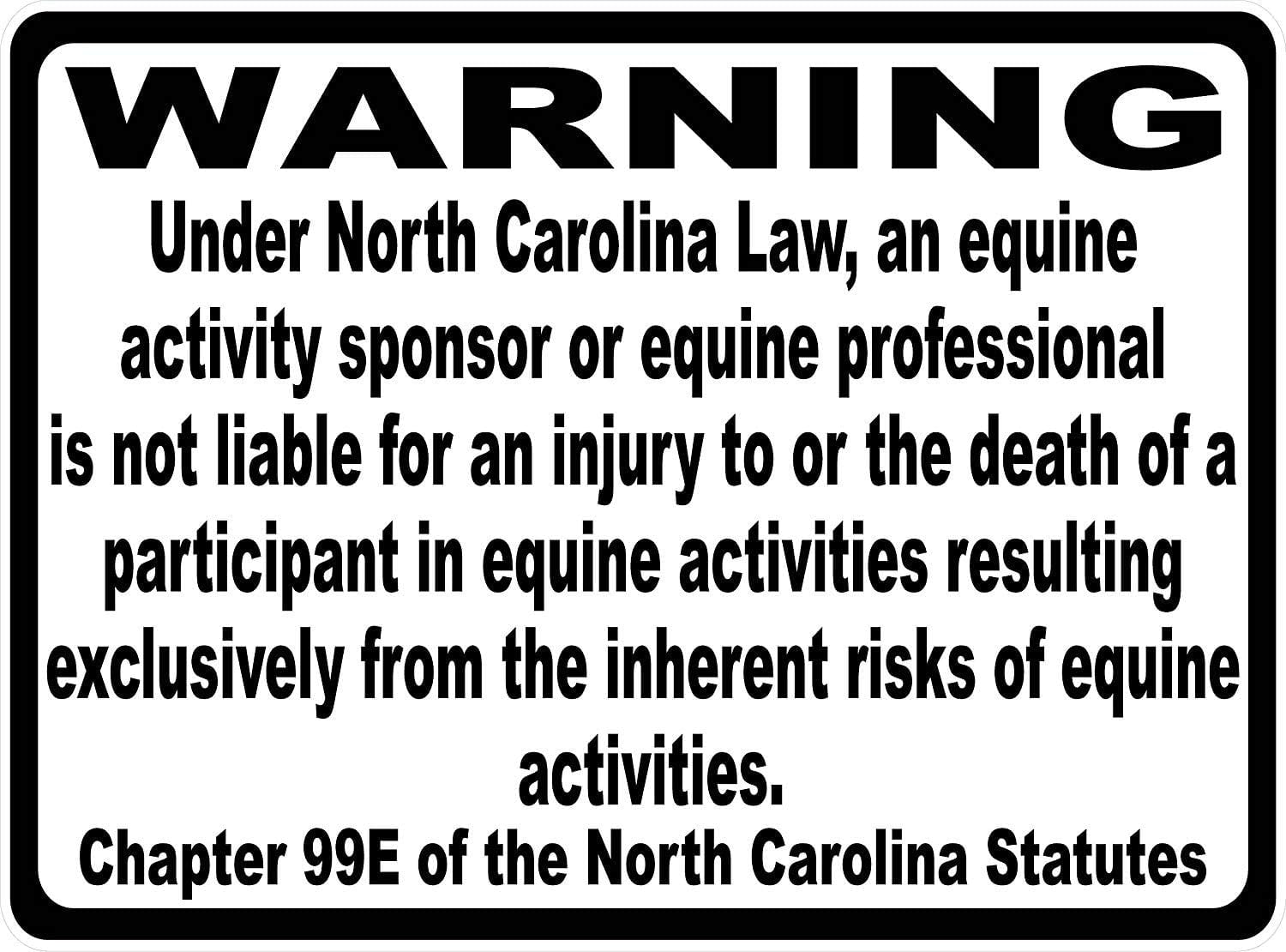 North Carolina Equine Liability Law Sign. 8" X 12" inch Metal. Inform ...