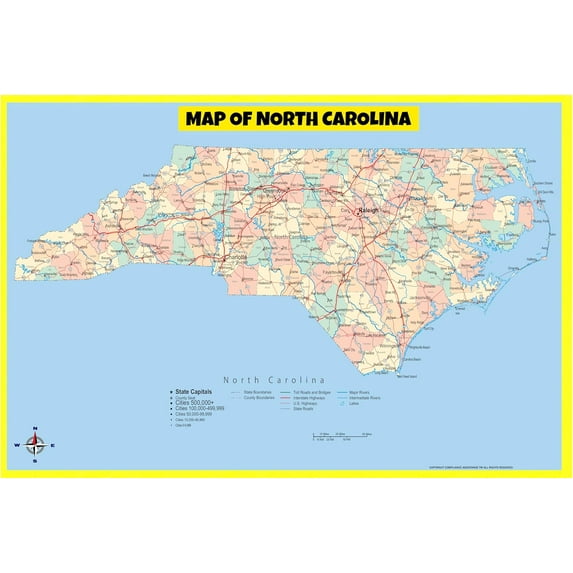 North Carolina Map Poster - Laminated Wall Map - Style A - 36x60 ...