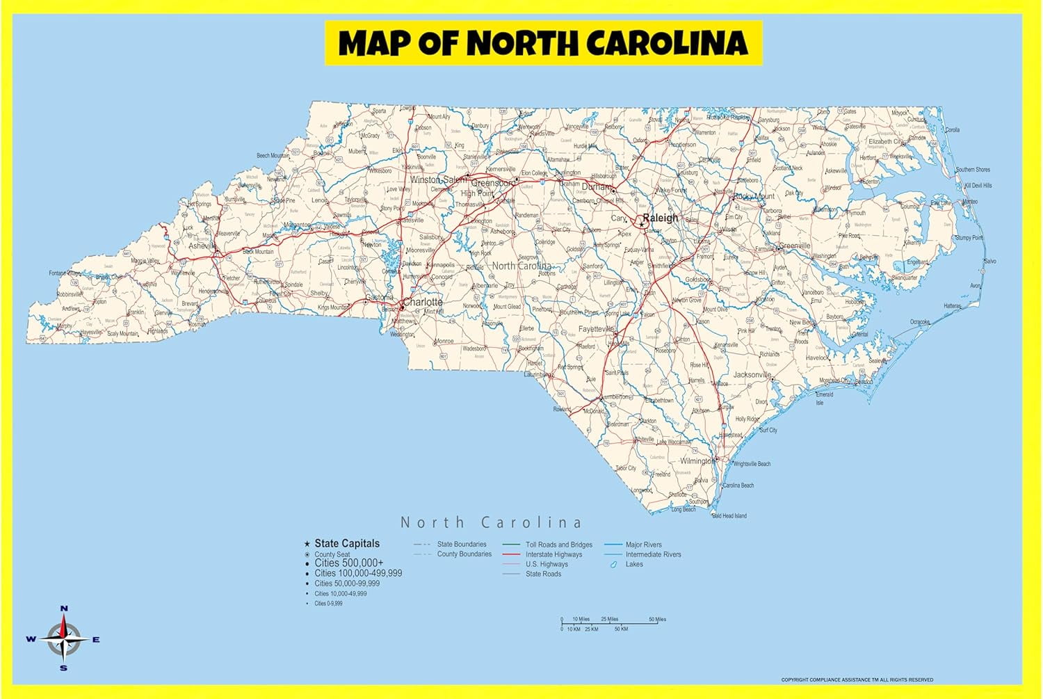North Carolina Map Poster - Laminated Wall Map - Style B - 18x24 ...