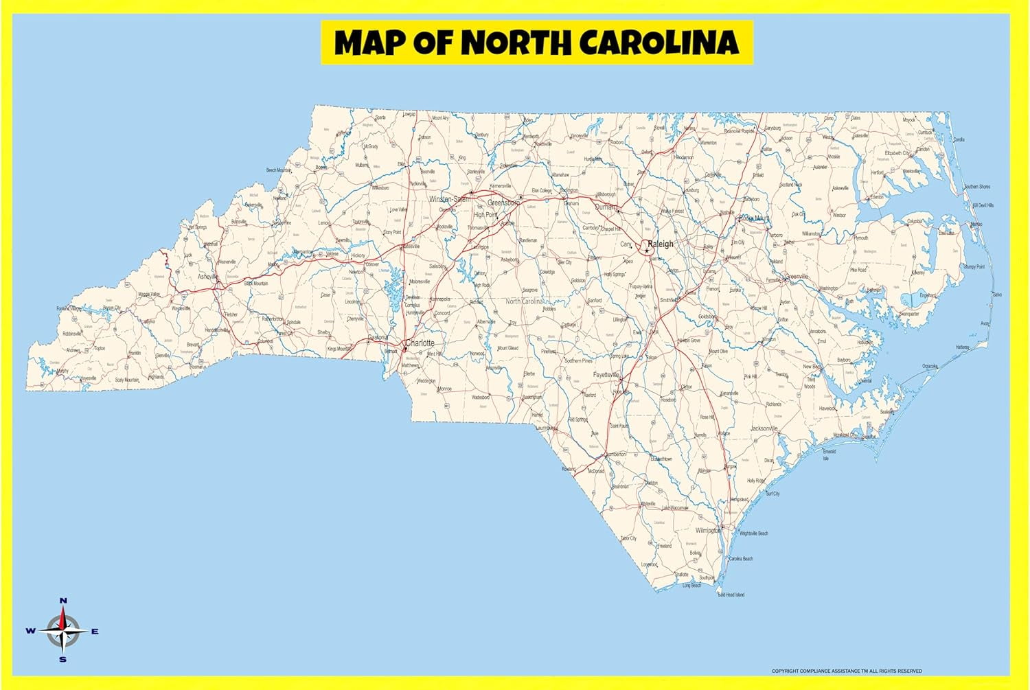 North Carolina Map Poster - Laminated Wall Map - Style C - 36x60 ...