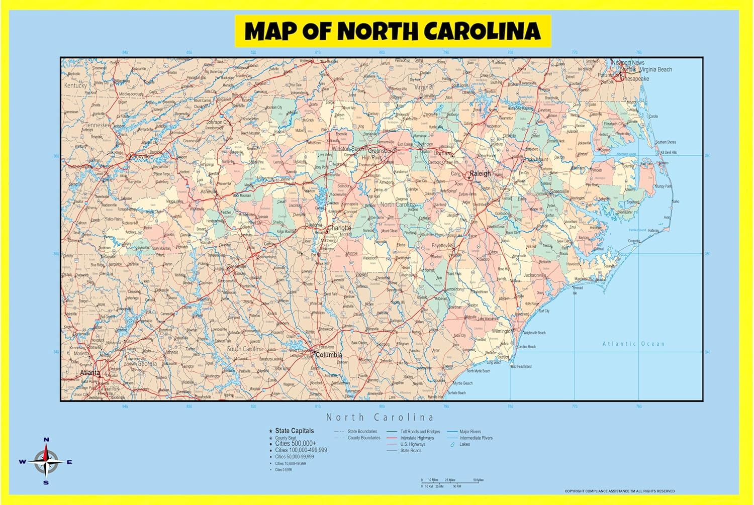 North Carolina Map Poster - Laminated Wall Map - Style D - 24x36 ...