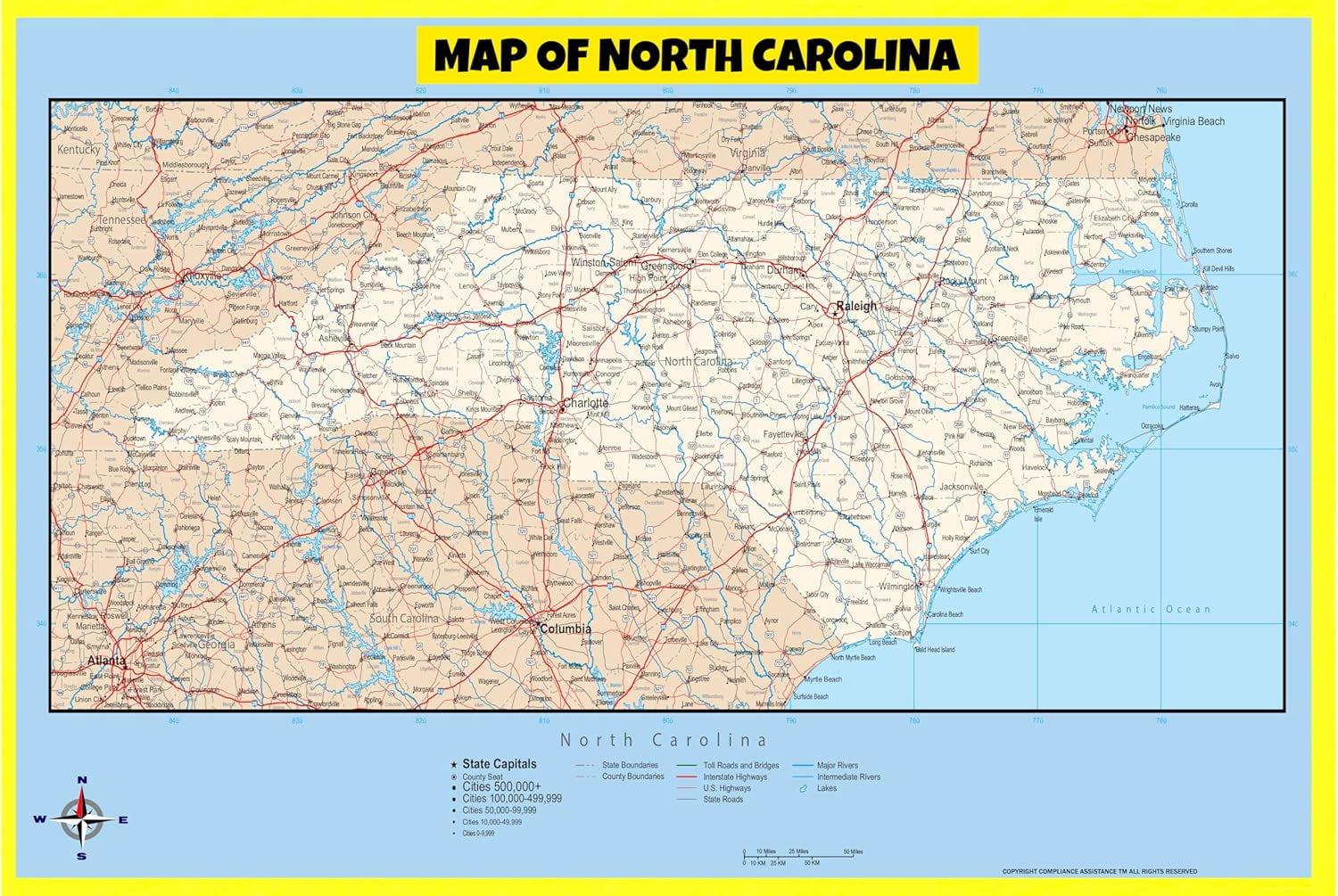 North Carolina Map Poster - Laminated Wall Map - Style F - 24x36 ...