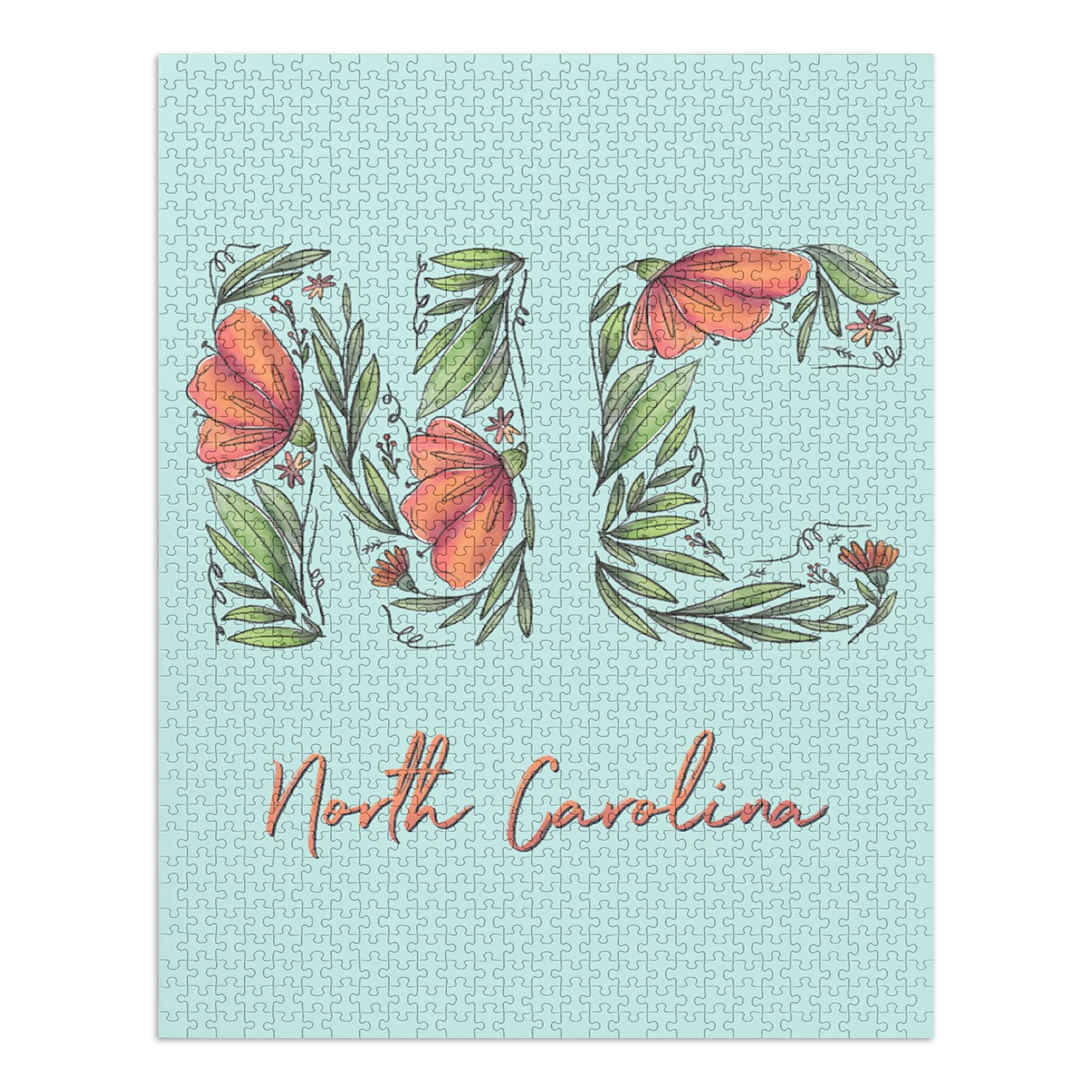 North Carolina, NC, Floral Abbreviation (1000 Piece Puzzle, Size 19x27 ...