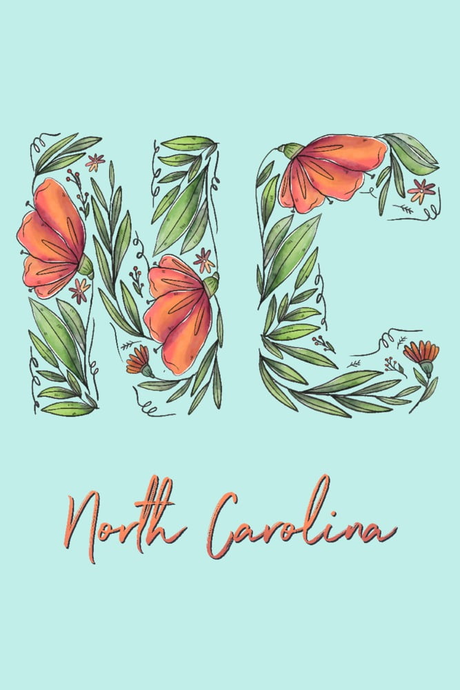 North Carolina, NC, Floral Abbreviation (16x24 Giclee Gallery Art Print ...