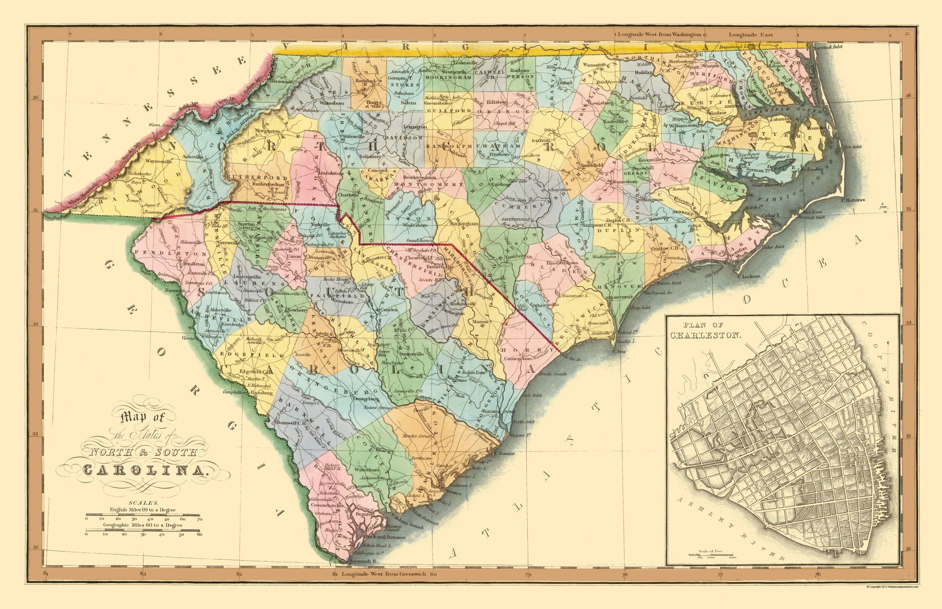 Historic State Map - North Carolina South Carolina - Hinton 1832 - 23 x ...