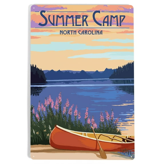 North Carolina, Summer Camp, Canoe and Lake (12x18 Aluminum Art, Indoor ...