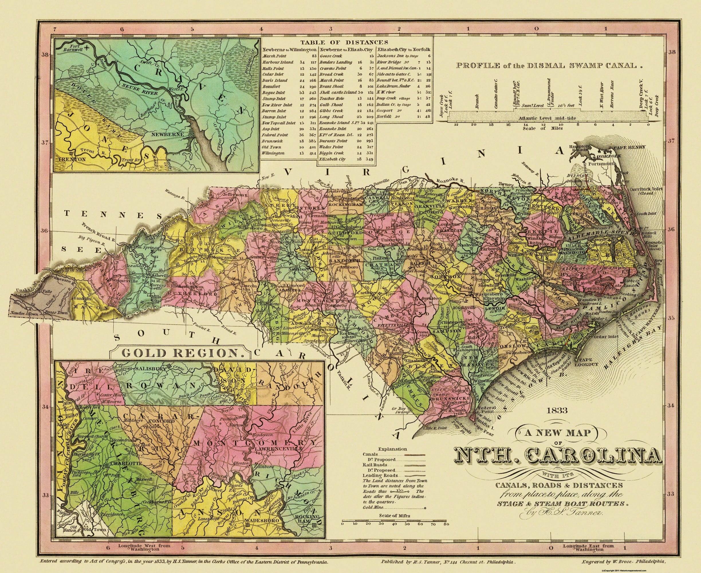 Historic State Map - North Carolina - Tanner 1833 - 28.13 x 23 ...