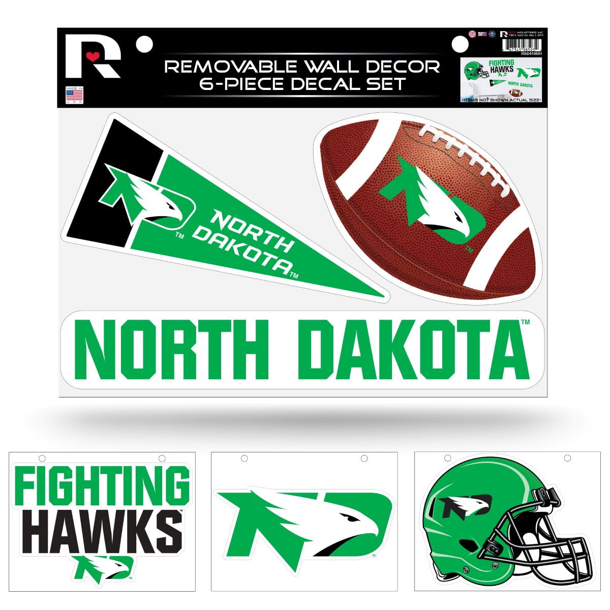 North Dakota Fighting Hawks Set of 6 Removable Wall Decal Stickers ...