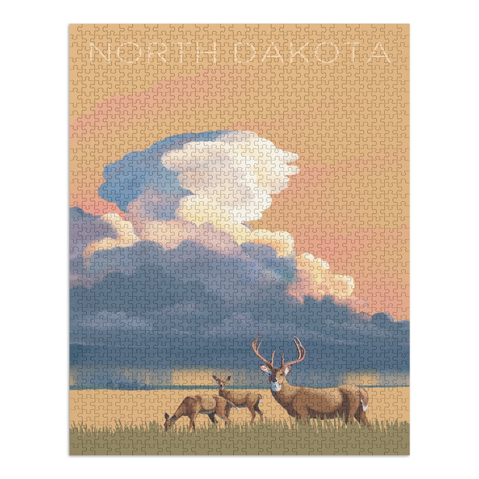 North Dakota, White-tailed Deer and Rain Cloud, Lithograph (1000 Piece ...
