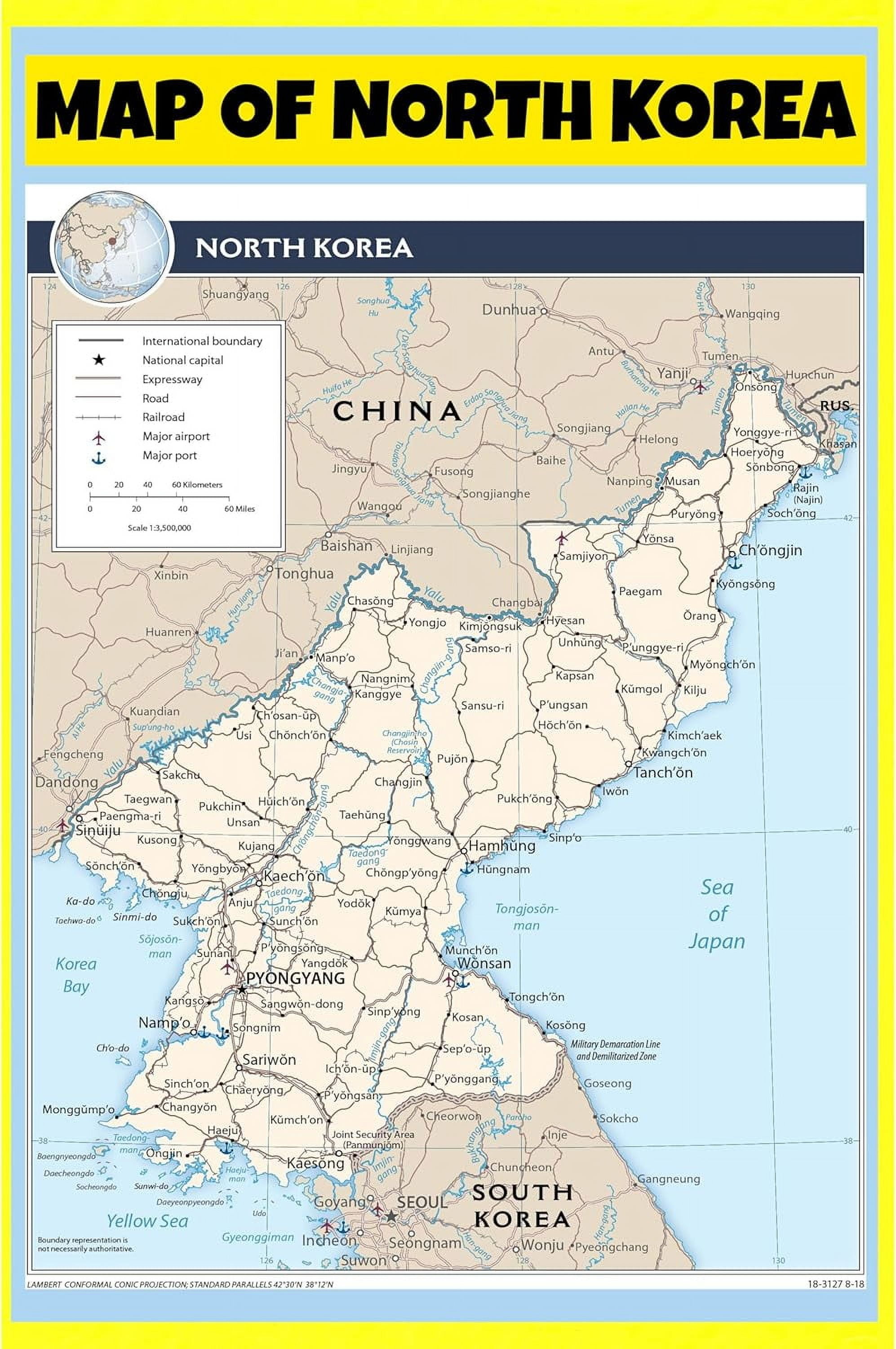 North Korea Map Poster - Laminated Wall Map - 24x36 - Ideal for ...