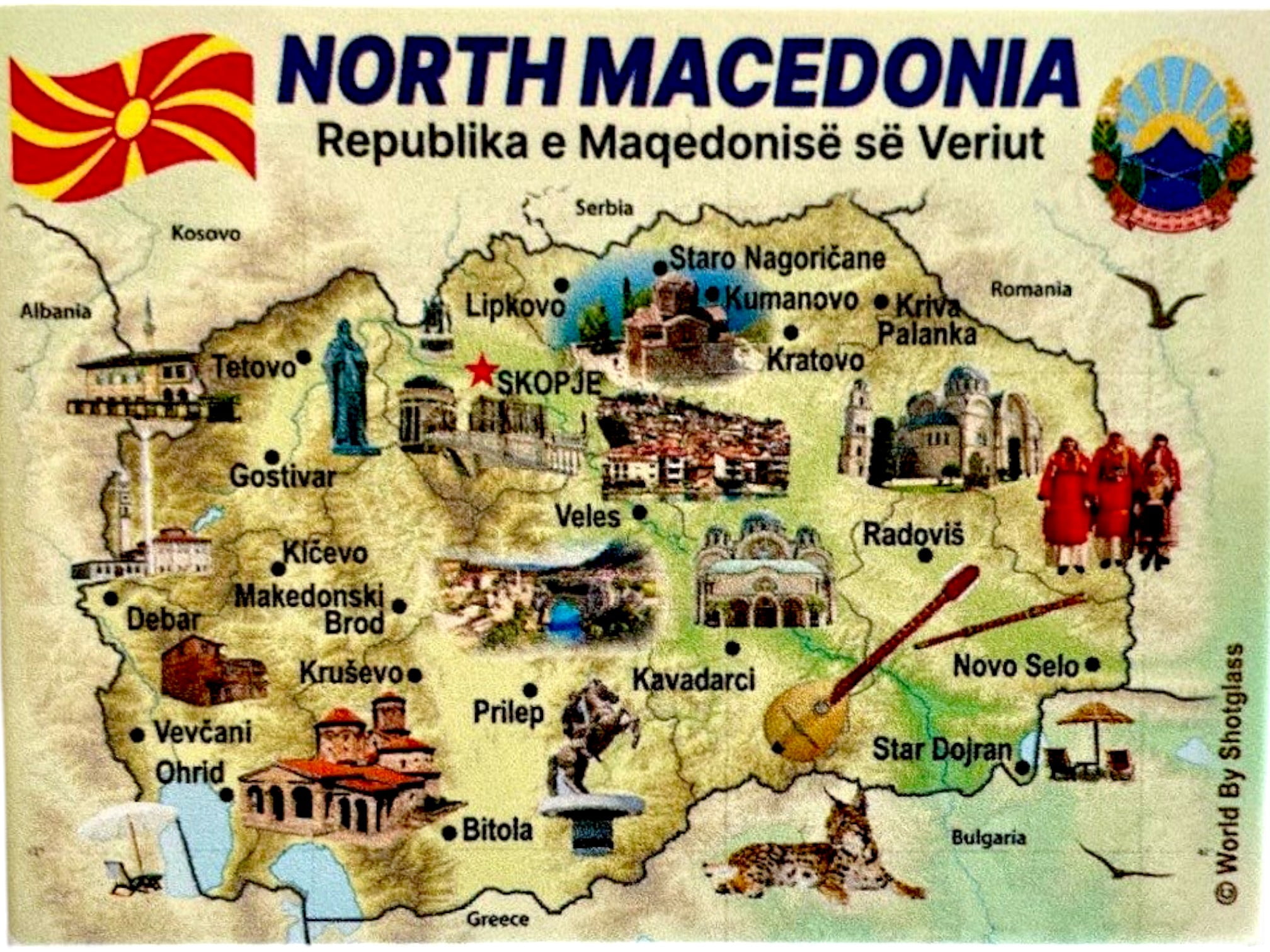 North Macedonia Graphic Map and Attractions Souvenir Fridge Magnet 2.5 ...