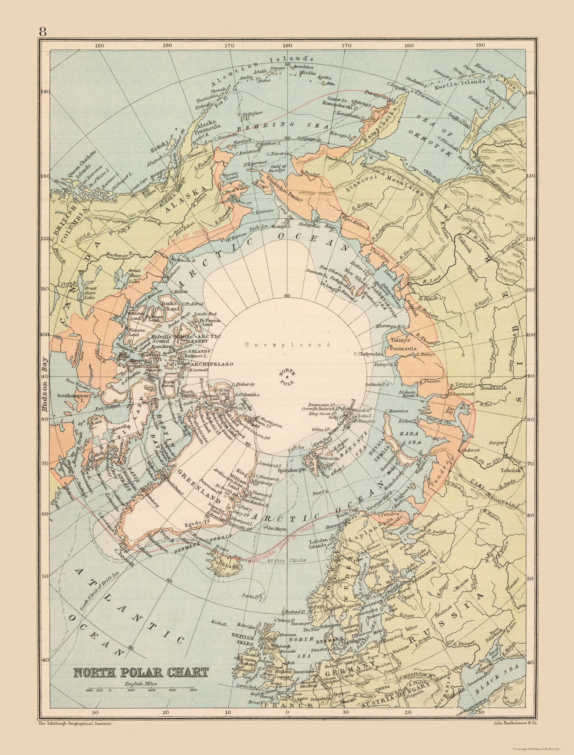 Historic Map - North Polar Chart - Bartholomew 1892 - 23 x 30.23 ...