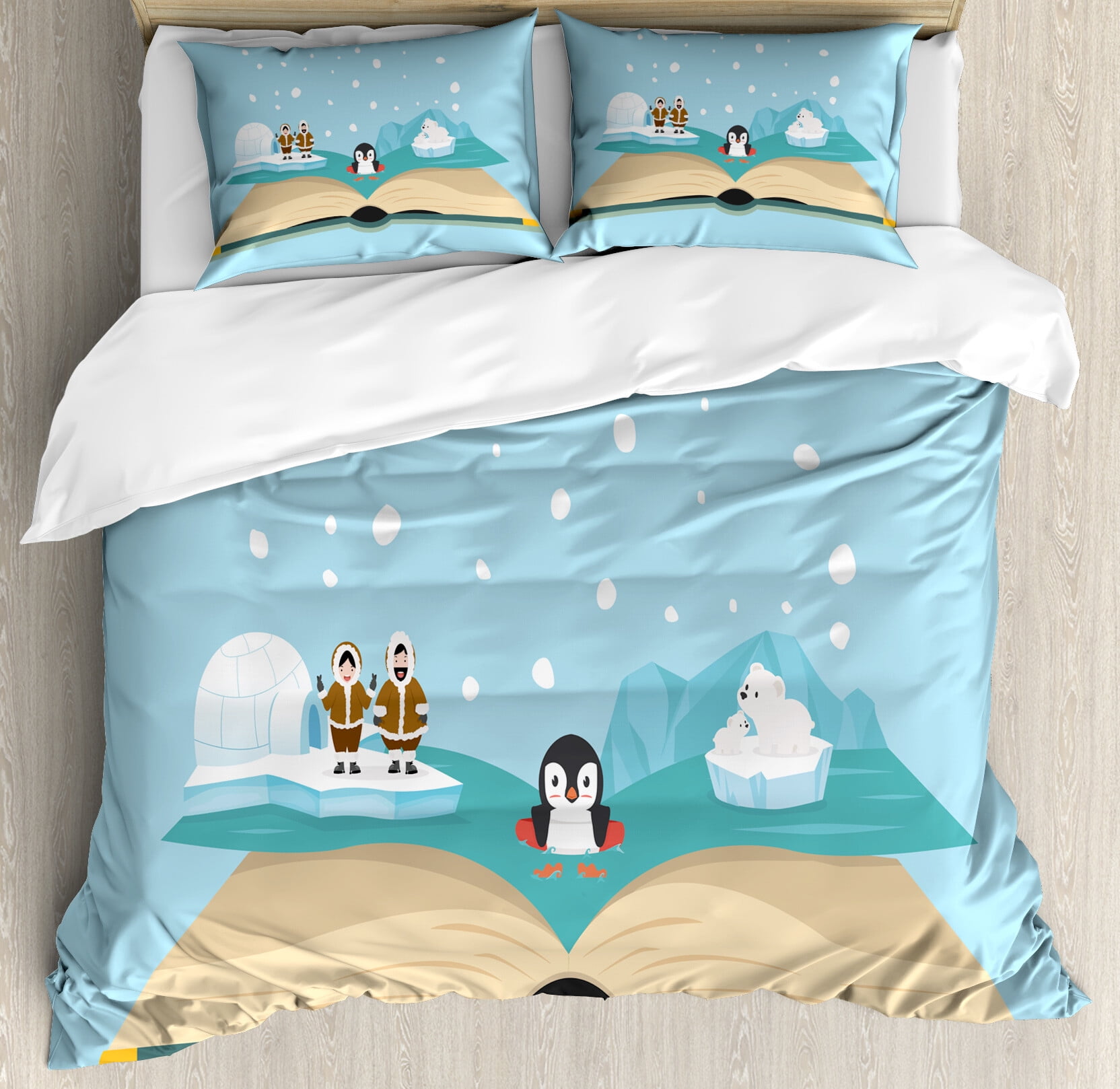 North Pole Duvet Cover Set, Iglo Eskimo Polar Bear Penguin on a Book ...