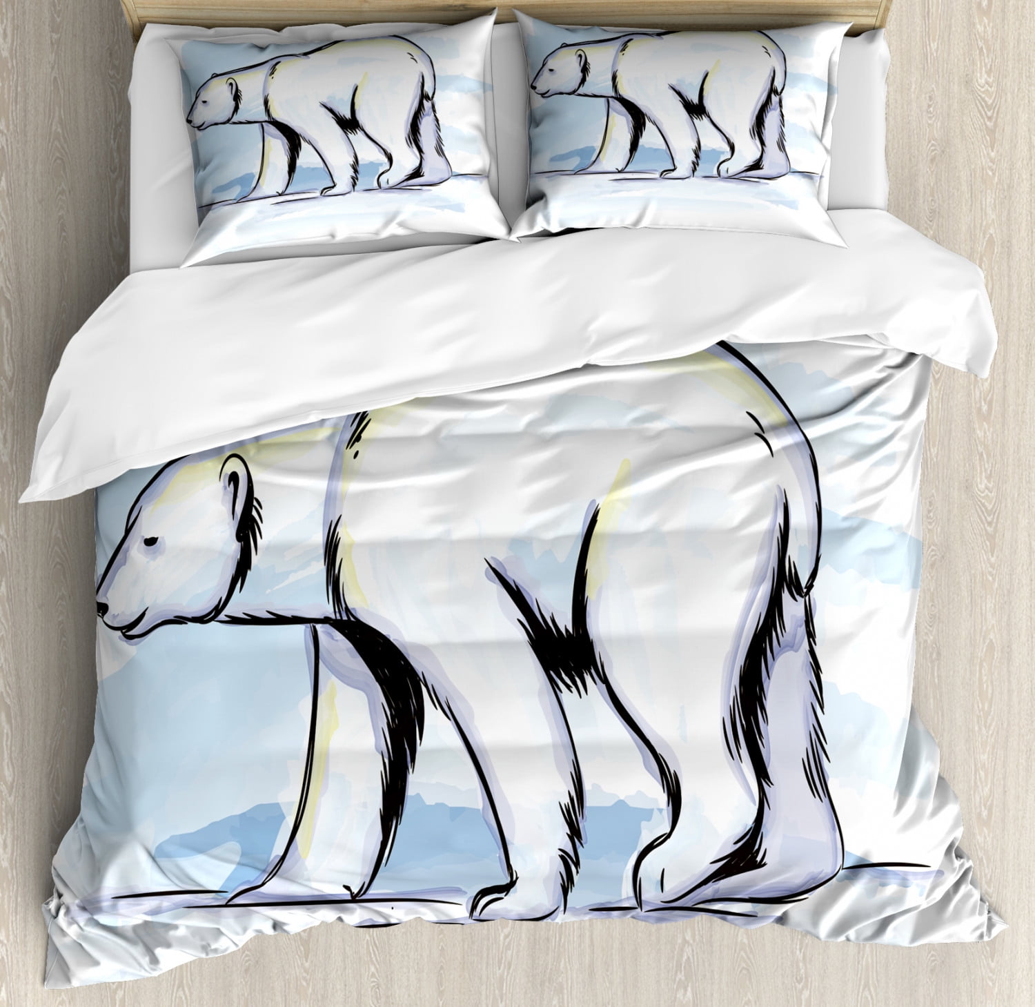 North Pole Duvet Cover Set Queen Size, Hand Drawn Pencil Sketch of Bear Side Shot, 3 Piece ...