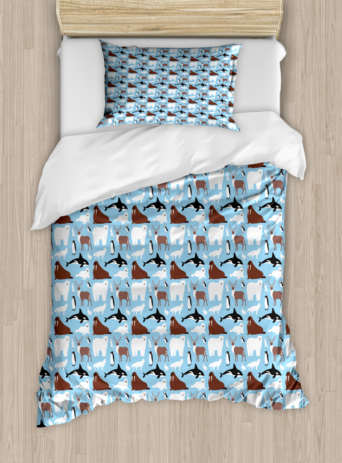 North Pole Duvet Cover Set Twin Size, Arctic Animals on an Aquatic ...