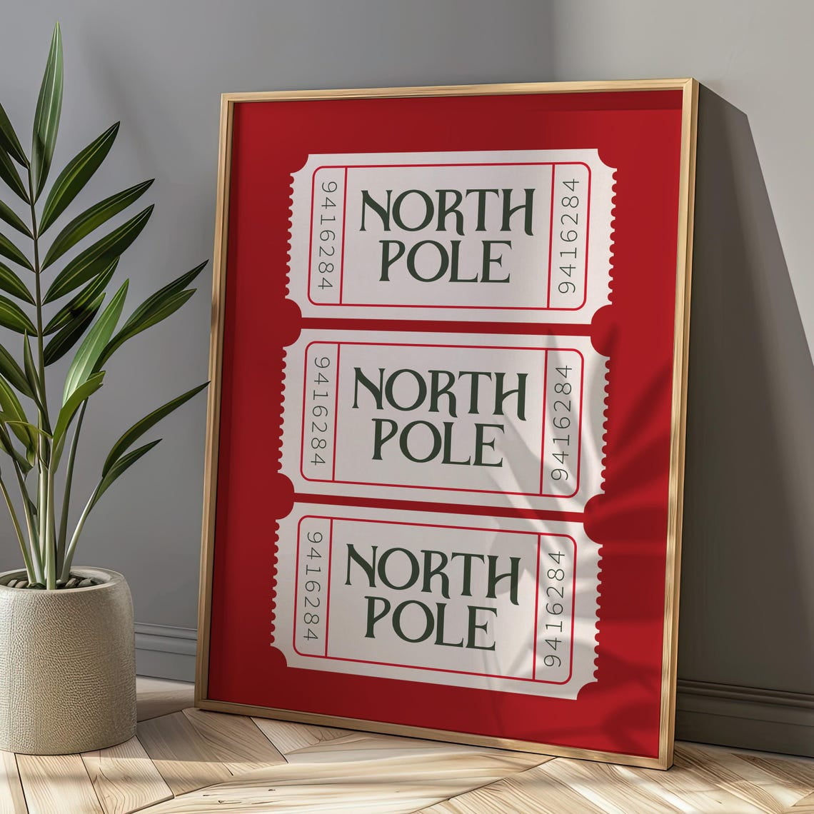 North Pole Ticket Poster Art - Green & Red Wall Art Decor - Fun Poster ...