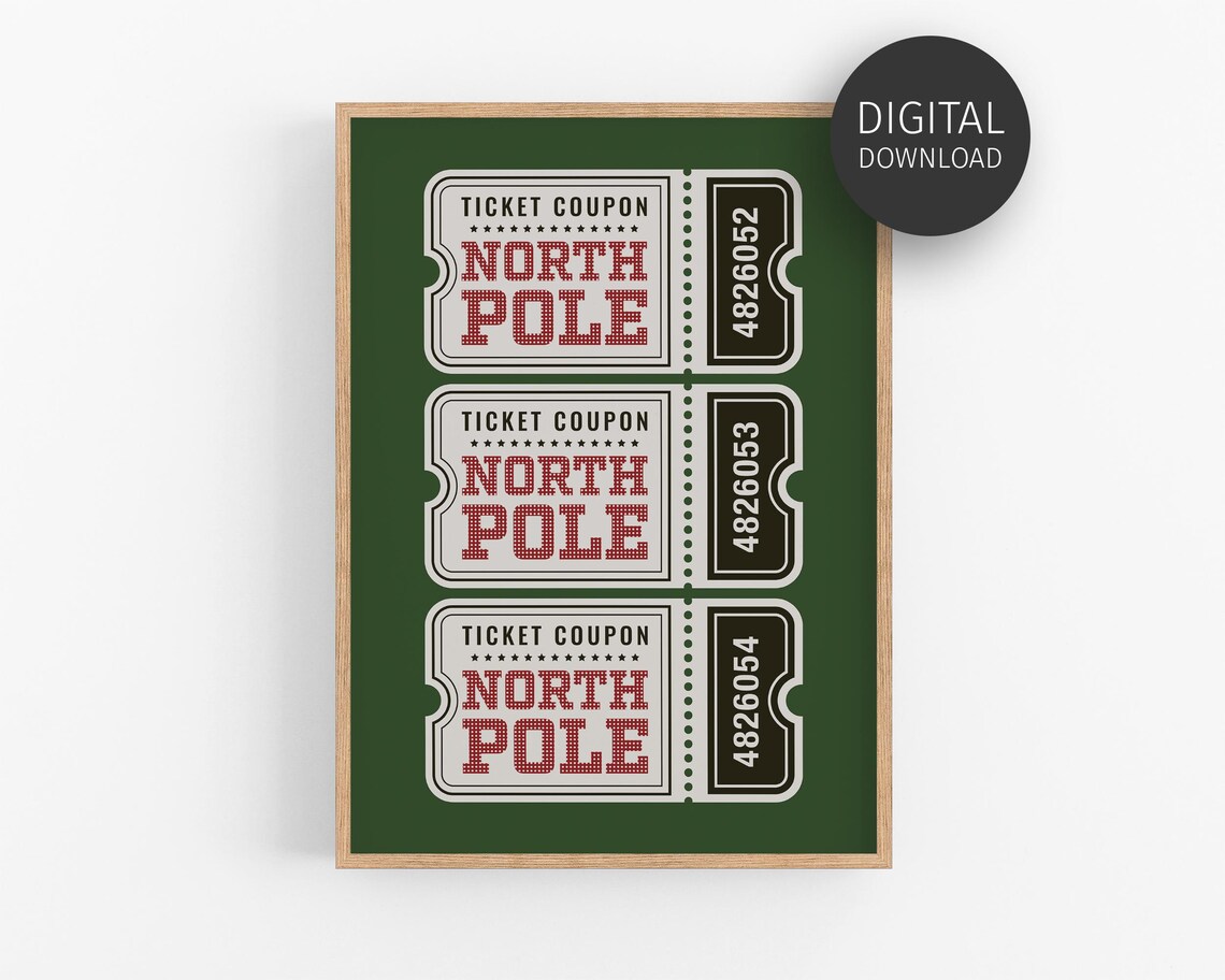 North Pole Ticket Poster, Wall Art Green Winter Decor, Trendy Poster ...