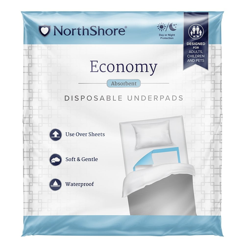 NorthShore Economy Blue Underpads, Latex-Free, Waterproof, 17x24 in ...