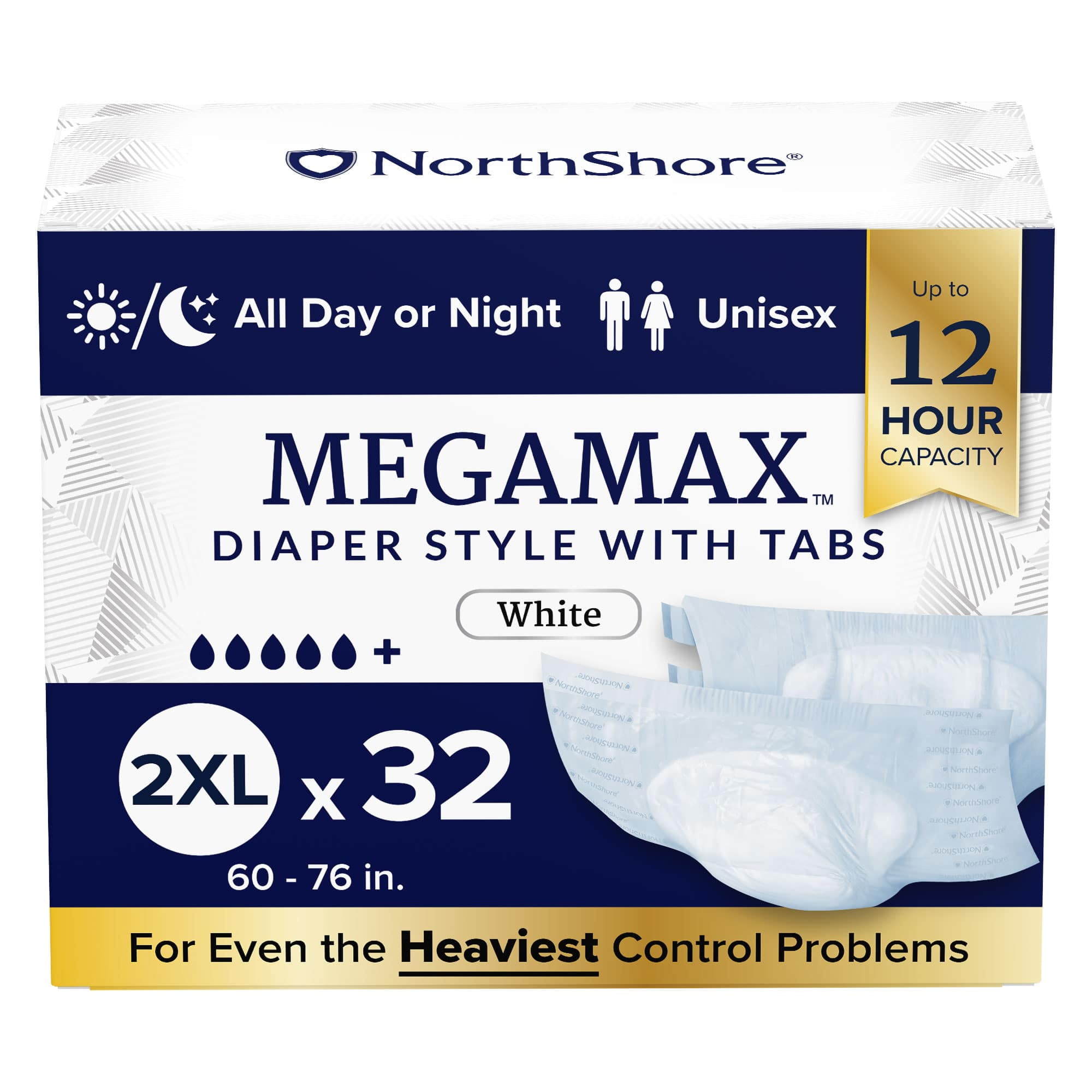 NorthShore MegaMax Adult Overnight Diapers, 12-Hour Tab-Style, 2X-Large, 32 Count Case, White ...