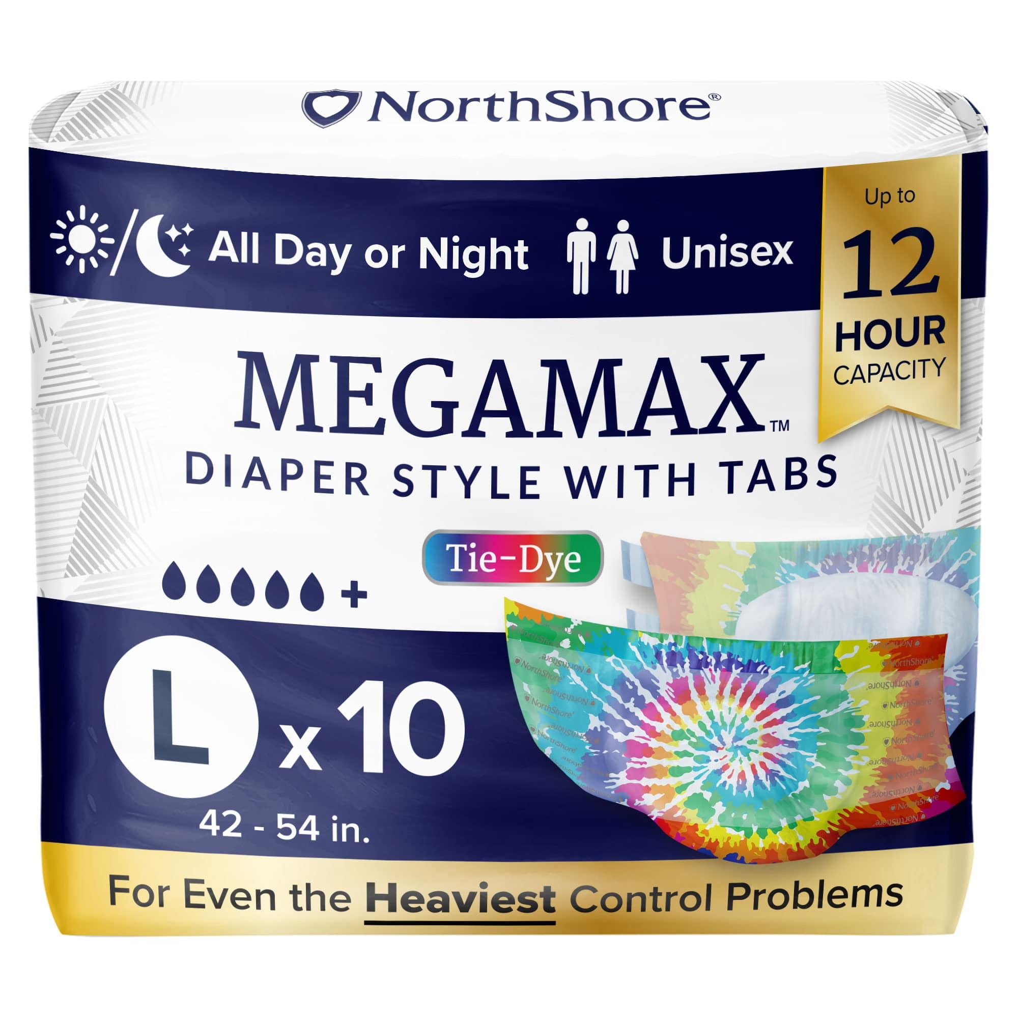 NorthShore MegaMax Adult Overnight Diapers, 12-Hour Tab-Style, Large, 10 Count Bag, Tie-Dye, 42 ...