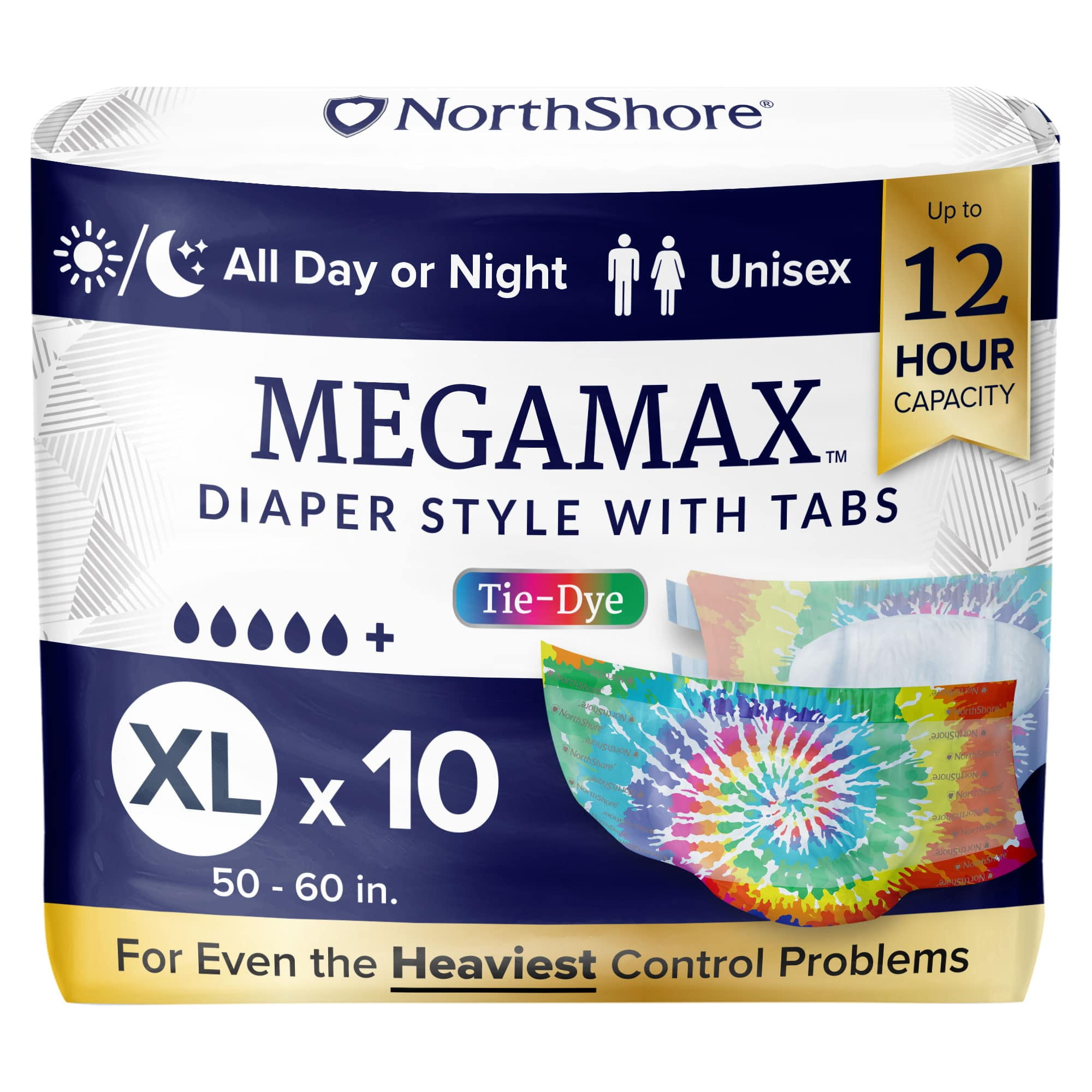 NorthShore MegaMax Adult Overnight Diapers, 12-Hour Tab-Style, X-Large, 10 Count Bag, Tie-Dye ...