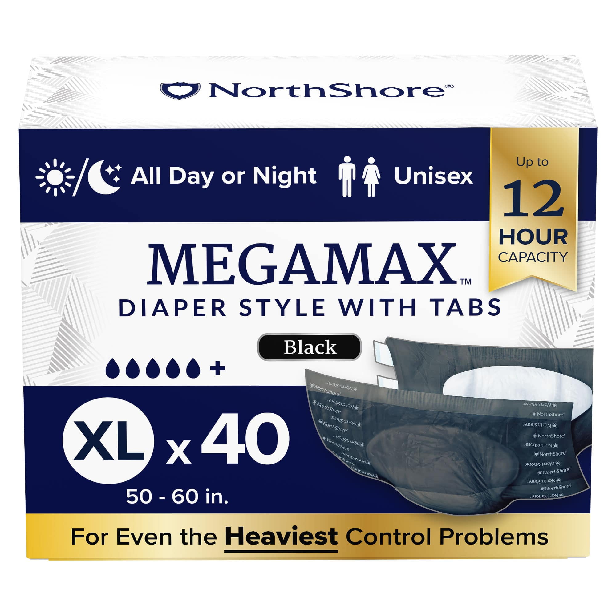 NorthShore MegaMax Adult Overnight Diapers, 12-Hour Tab-Style, X-Large, 40 Count Case, Black, 50 ...