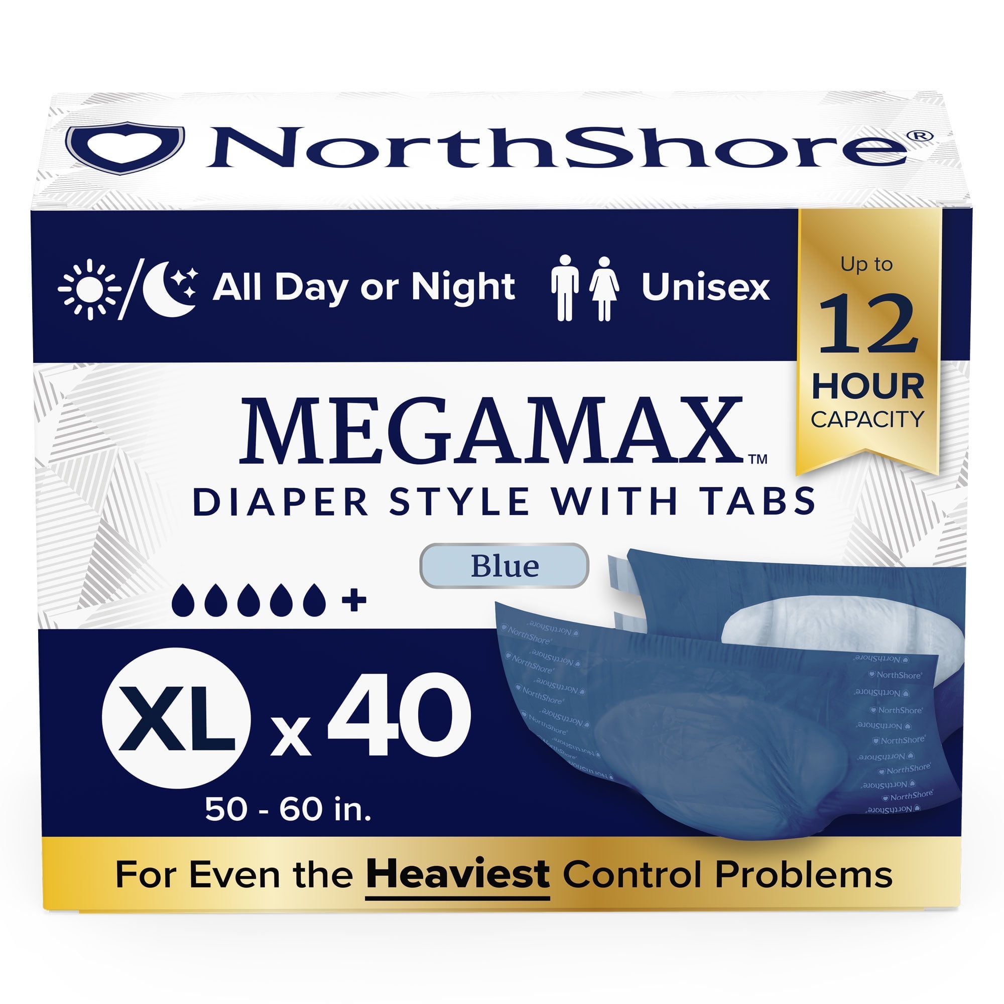 NorthShore MegaMax Adult Overnight Diapers, 12-Hour Tab-Style, X-Large, 40 Count Case, Blue, 50 ...