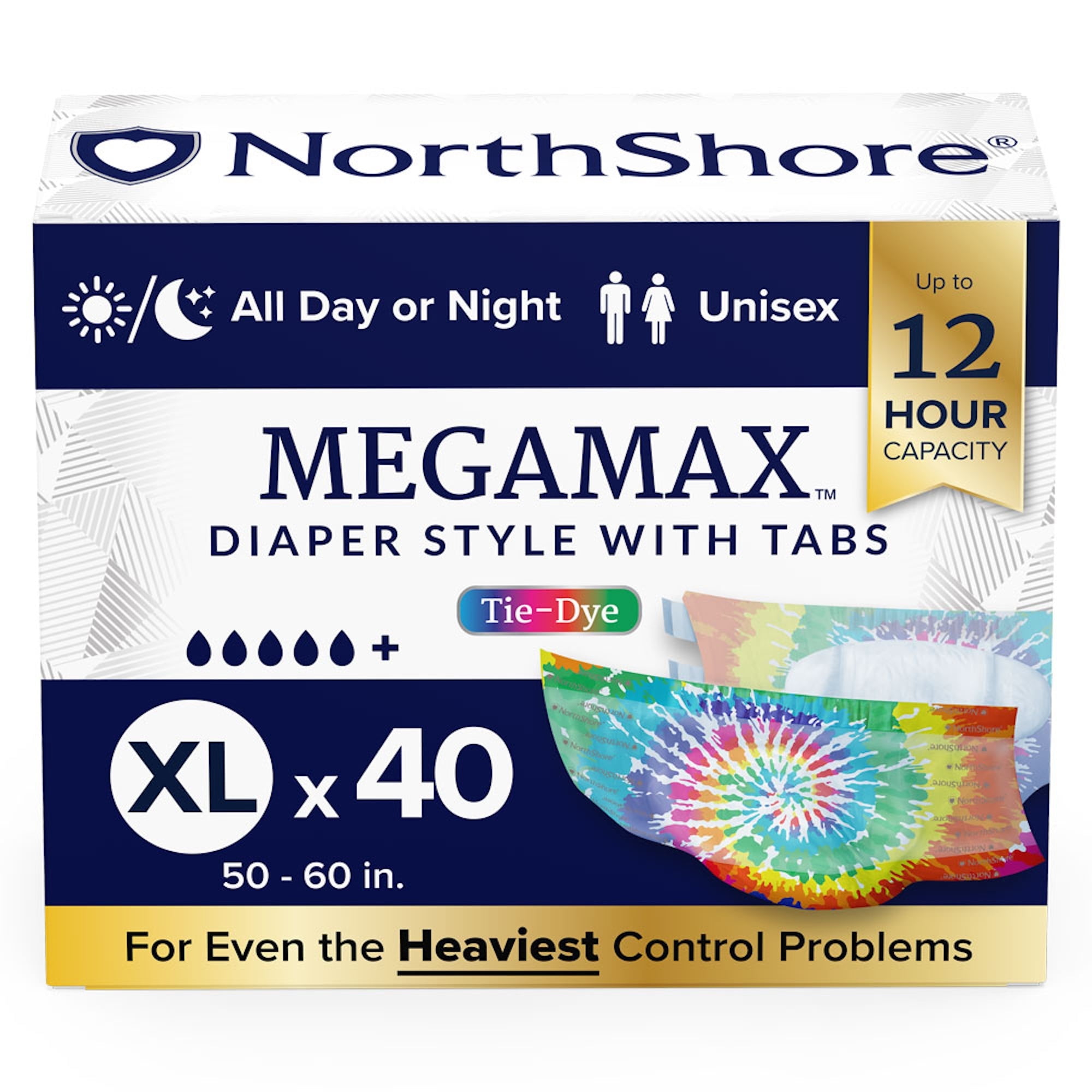 NorthShore MegaMax Adult Overnight Diapers, 12-Hour Tab-Style, X-Large, 40 Count Case, Tie-Dye ...