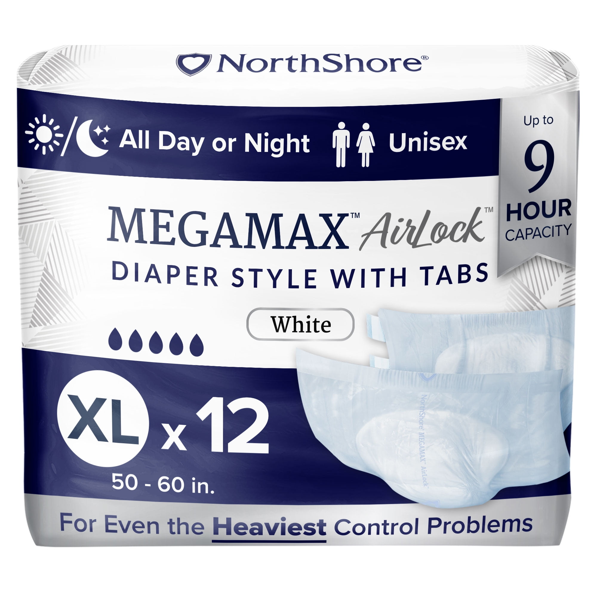 NorthShore MegaMax AirLock Breathable 9-Hour Heavy-Duty Tab-Style Adult Diapers, X-Large, 12 ...