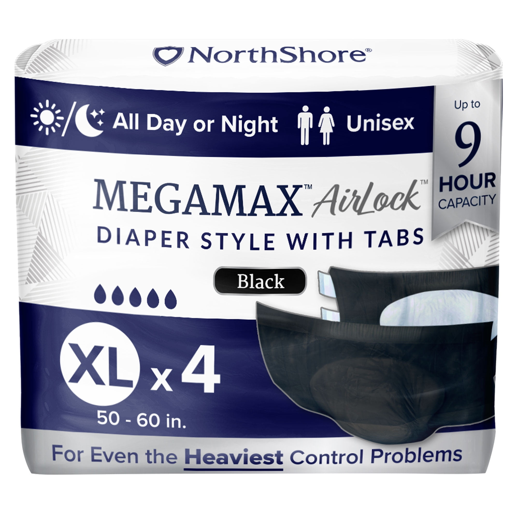 NorthShore MegaMax AirLock Breathable 9-Hour Heavy-Duty Tab-Style Adult Diapers, X-Large, 4 ...