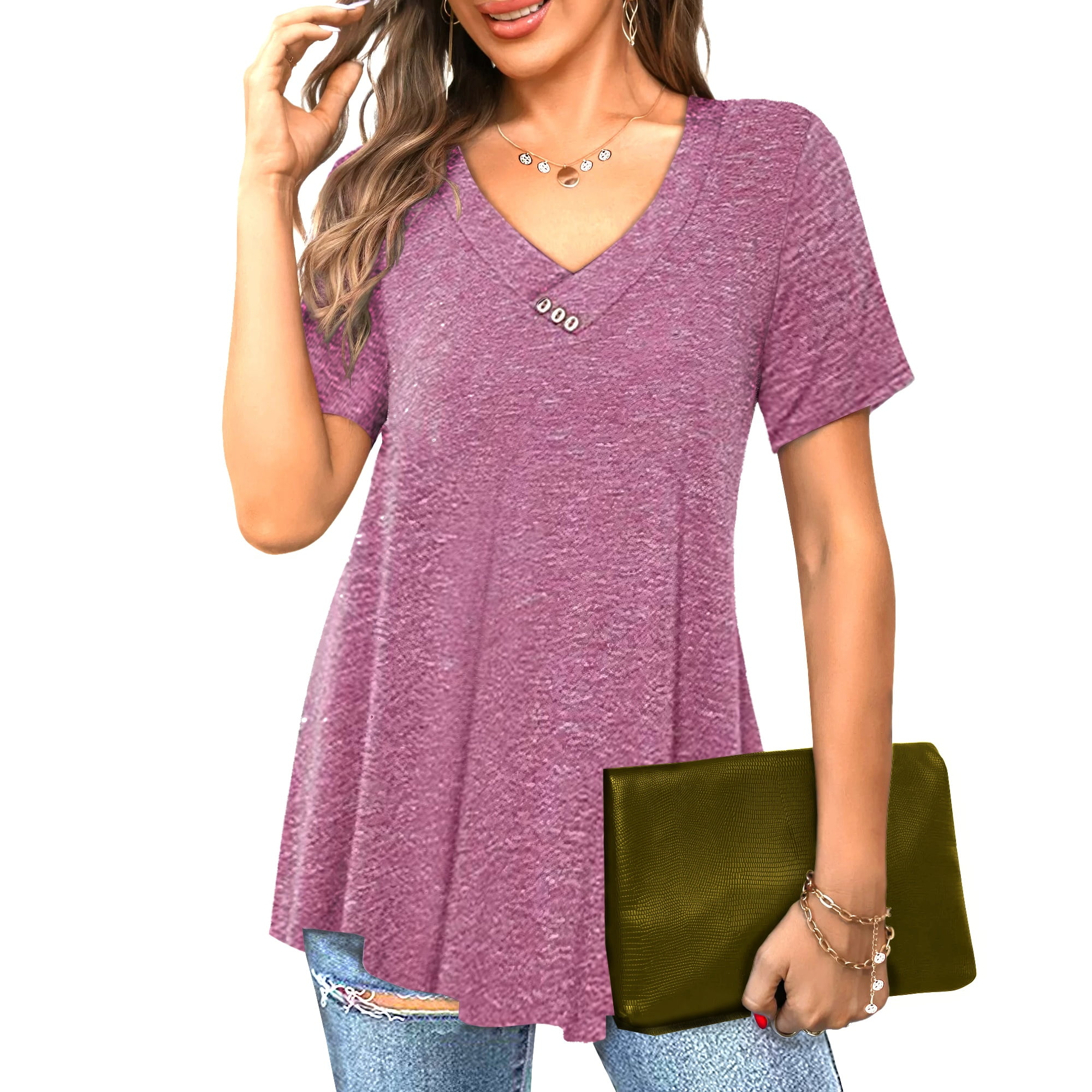Northblanc Womens Tunic Tops Summer Short Sleeve Loose Pleated Shirts ...