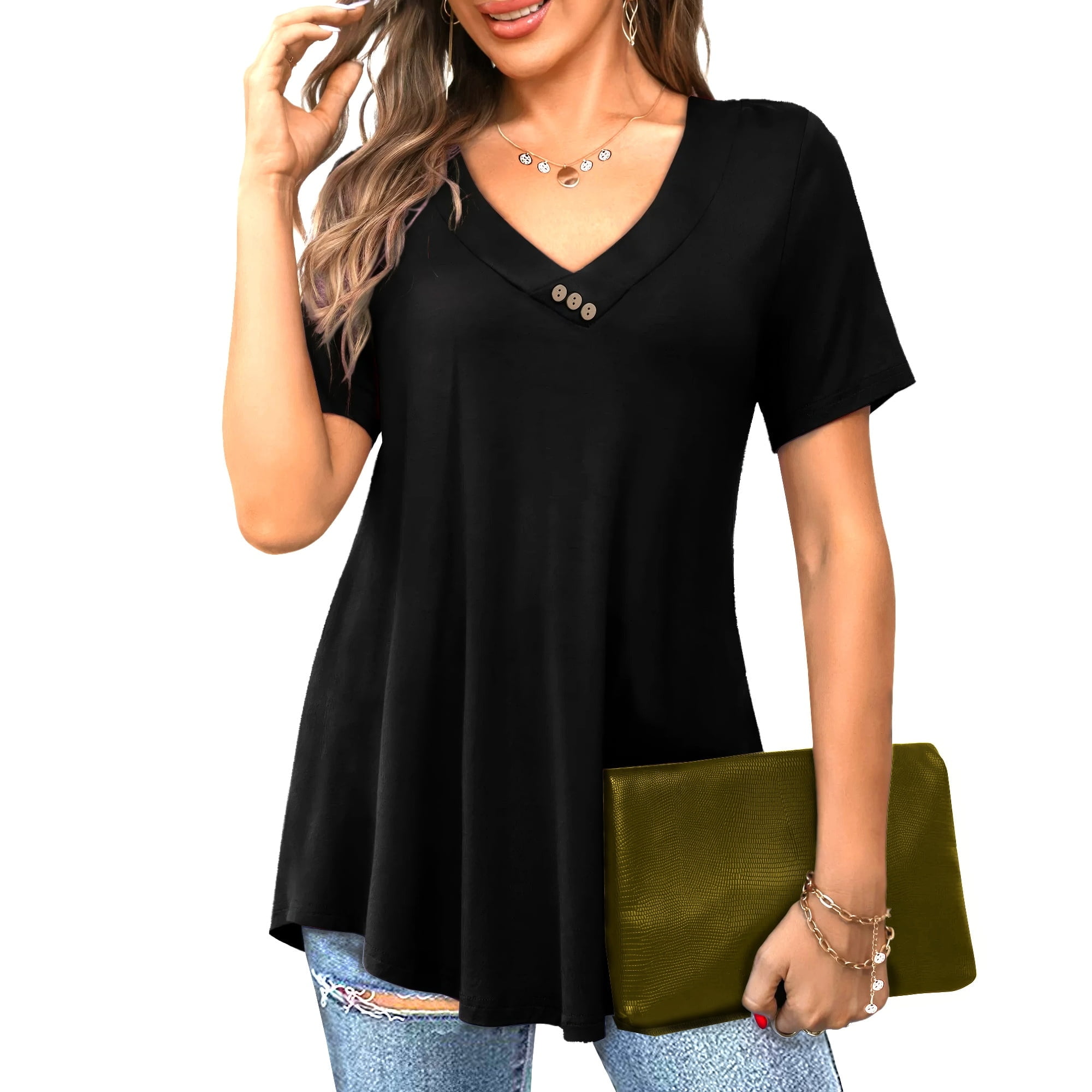 Northblanc Womens Tunic Tops Summer Short Sleeve Loose Pleated Shirts ...