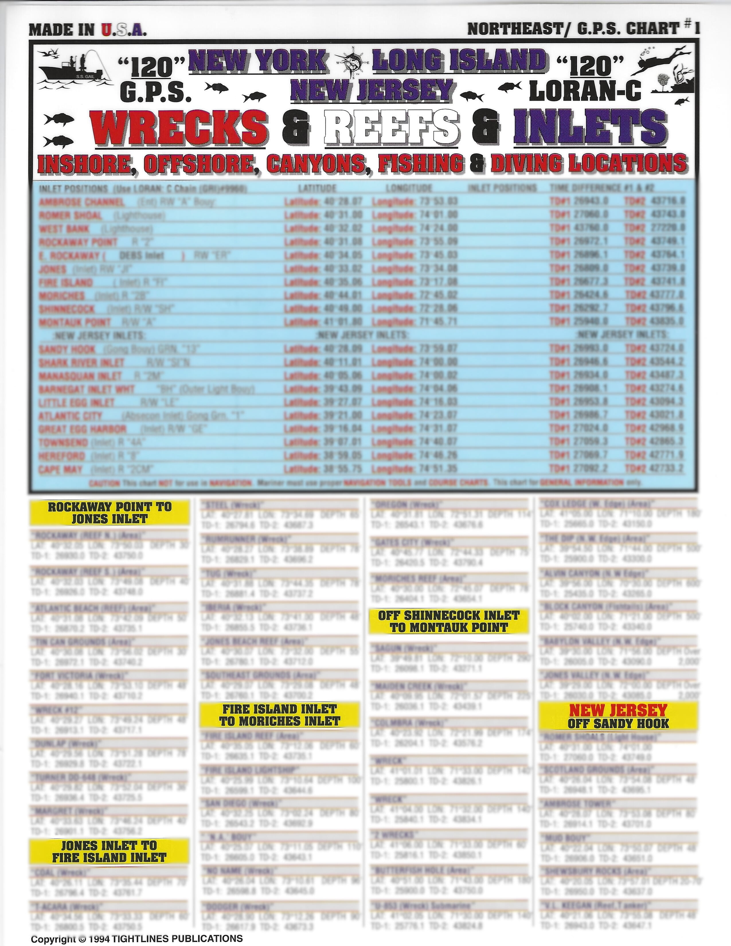 Northeast GPS & Loren-C Chart #1 (Wrecks, Reefs, and Inlets) New York ...