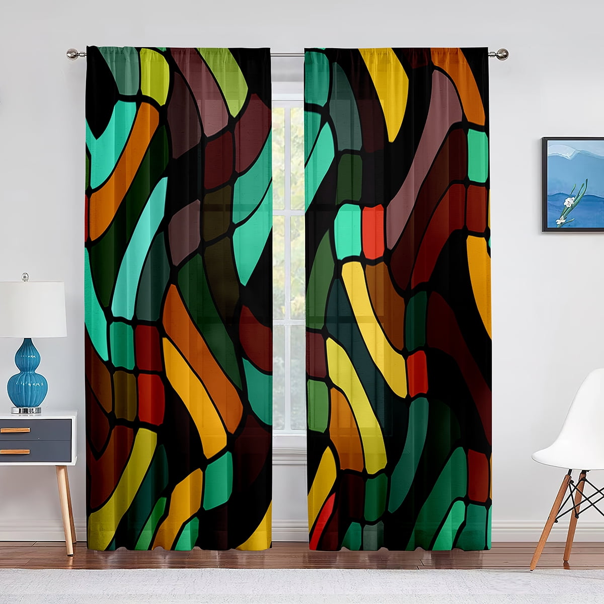 Northern Europe Geometric Wave Stripes Sheer Voiles Curtain for Living ...