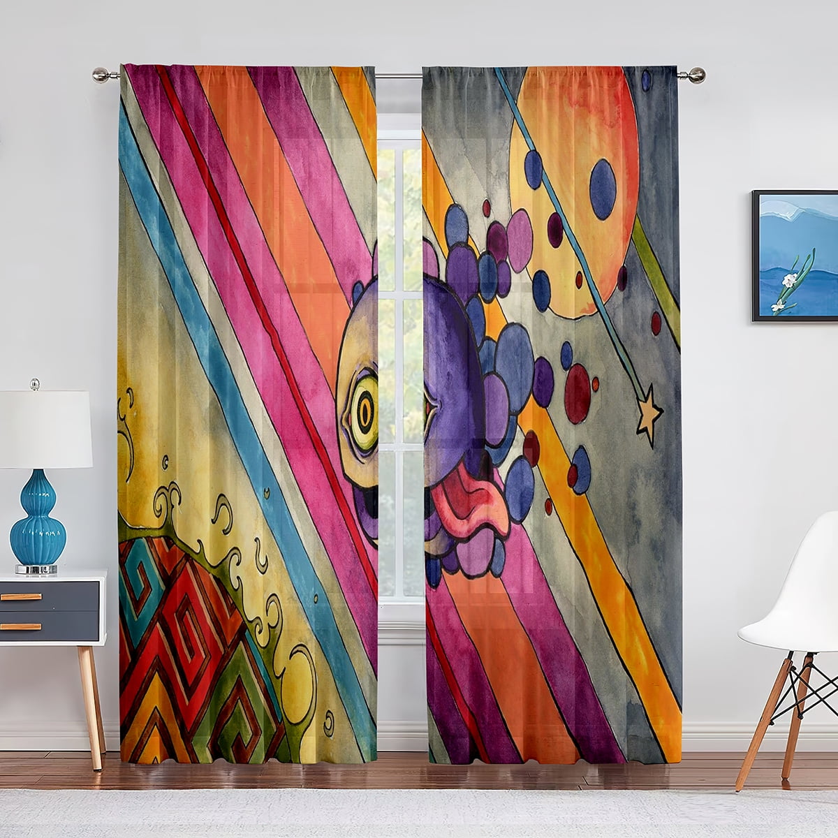 Northern Europe Geometric Wave Stripes Sheer Voiles Curtain for Living ...
