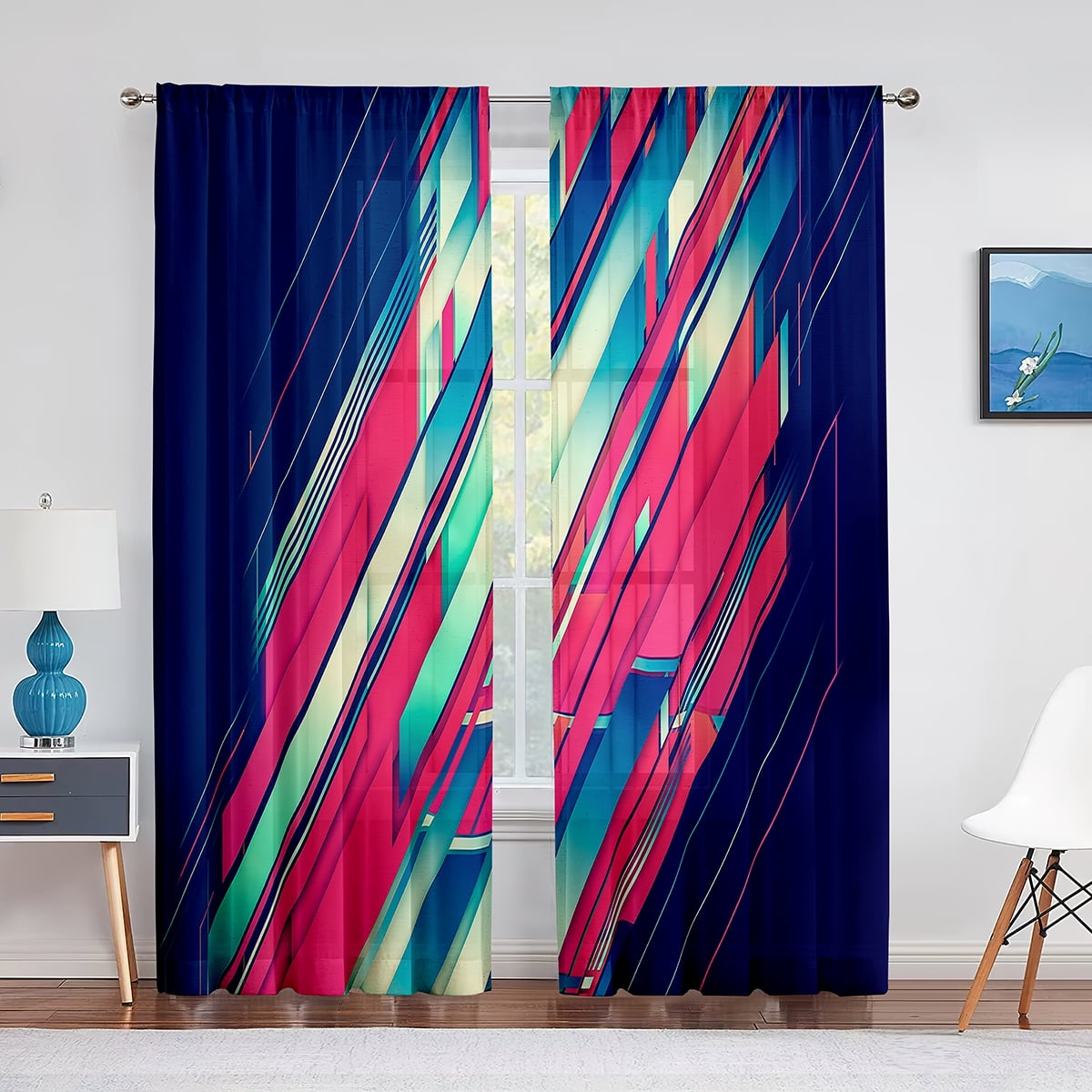 Northern Europe Geometric Wave Stripes Sheer Voiles Curtain for Living ...
