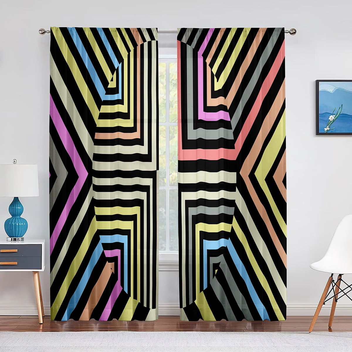 Northern Europe Geometric Wave Stripes Sheer Voiles Curtain for Living ...