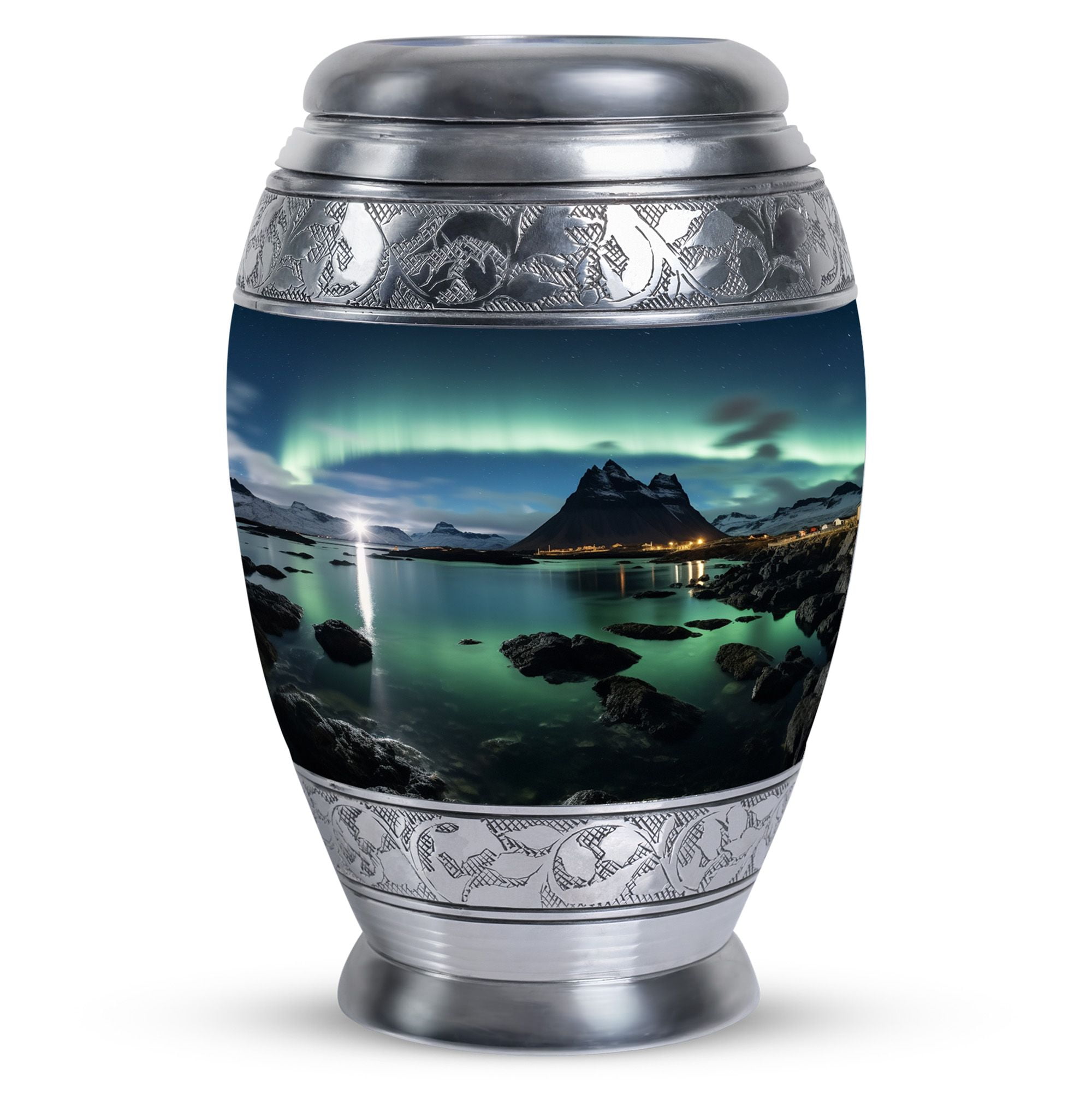 Northern Lights over a Coastal Hamlet - Elegant Large Capacity Urn for ...