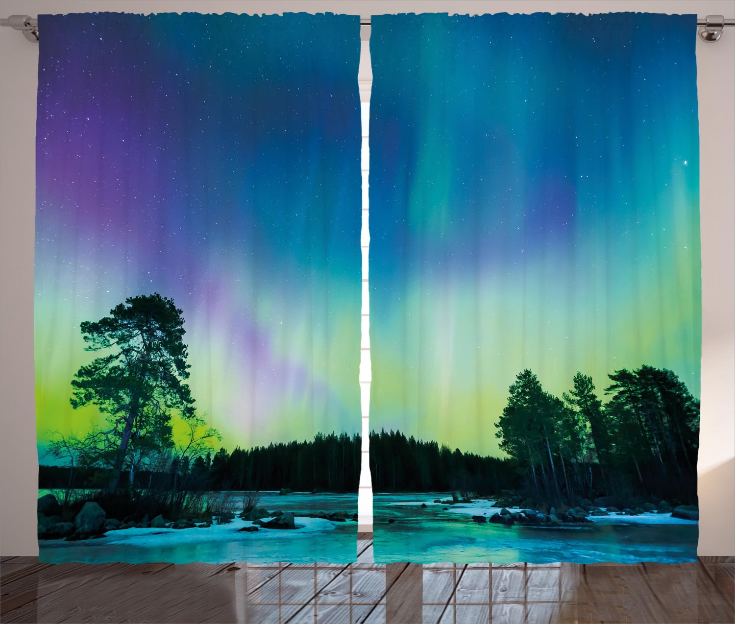 Ambesonne Landscape Curtains 2 Panel Set, Lake Forest Woods, 108" x 84 ...