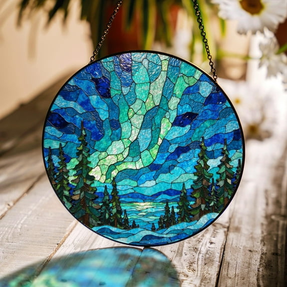 Northern Lights Forest Round Stained Glass Style Suncatcher, Window ...