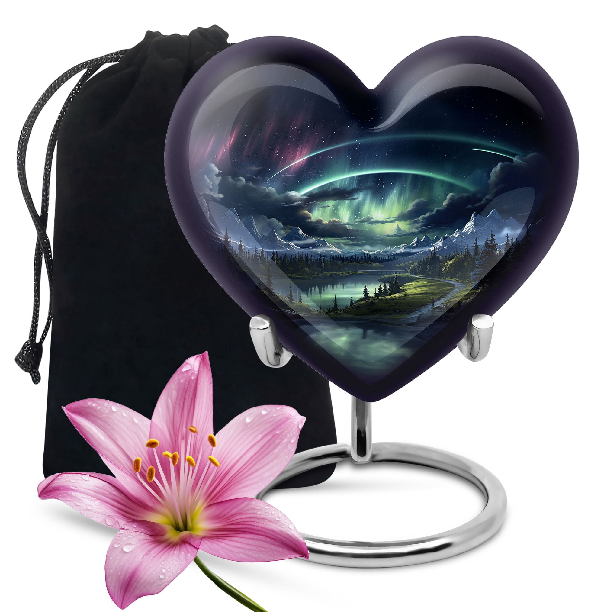 Northern Lights Over Serene Mountain Lake - Heart Shaped Urn With Stand ...