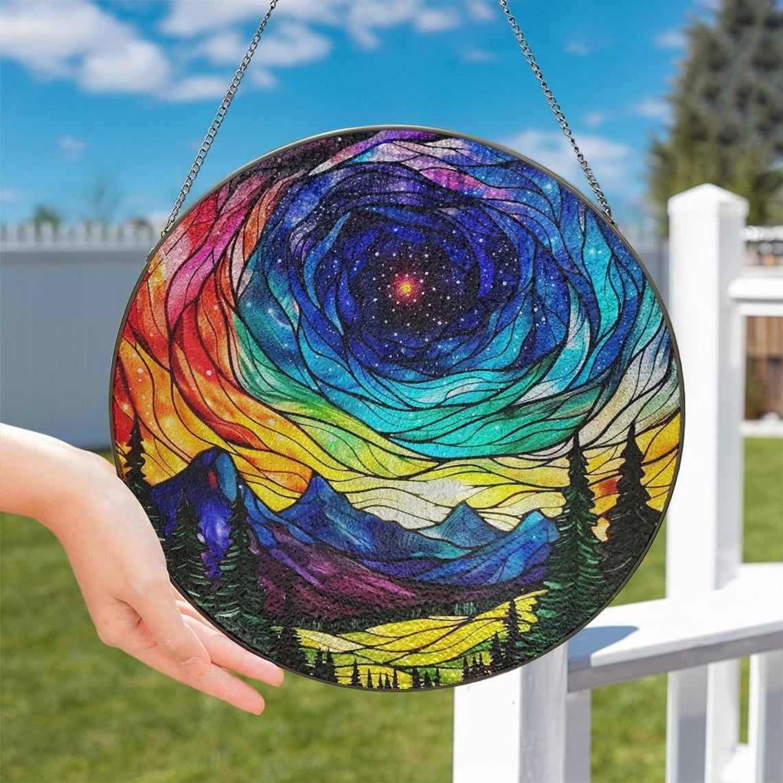 Northern Lights Suncatcher, Aurora Borealis Forest Glass Art, Nature ...