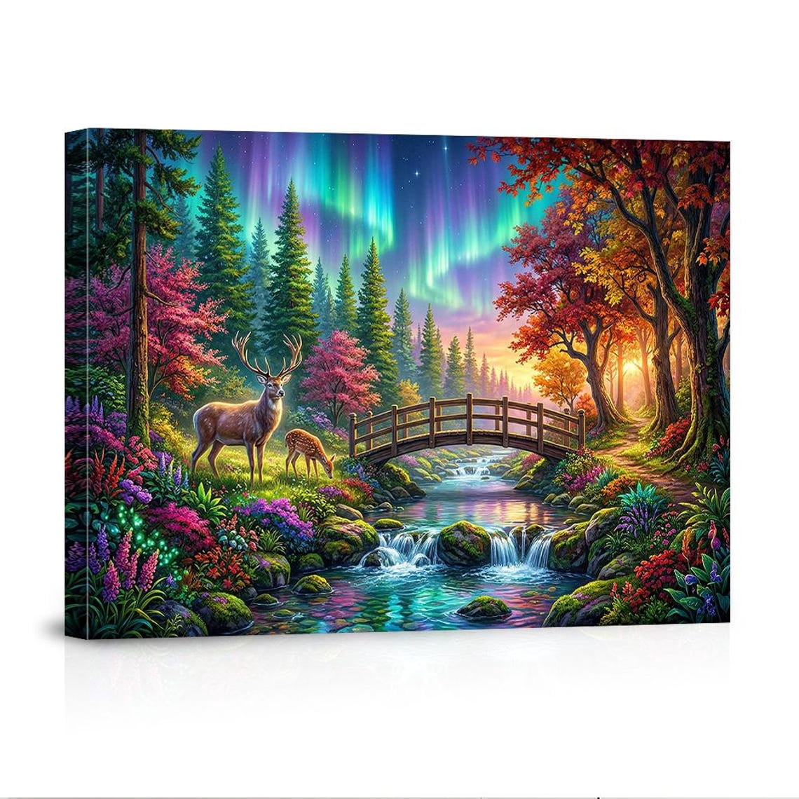 Northern Lights Woodland Deer Vibrant Forest Stream Bridge Nature ...