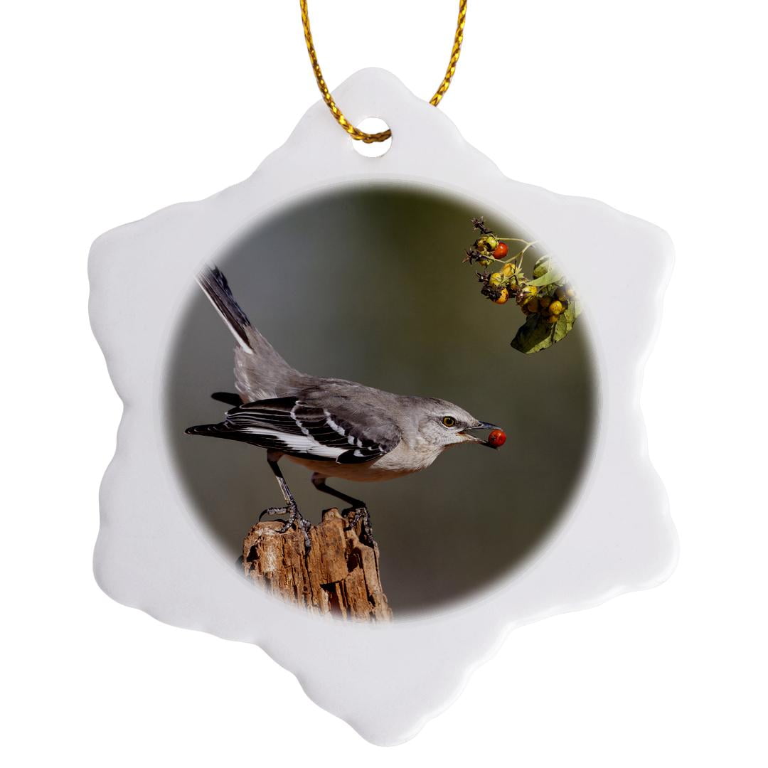 3drose, Northern Mockingbird with Berry., 3 inch Snowflake Porcelain ...