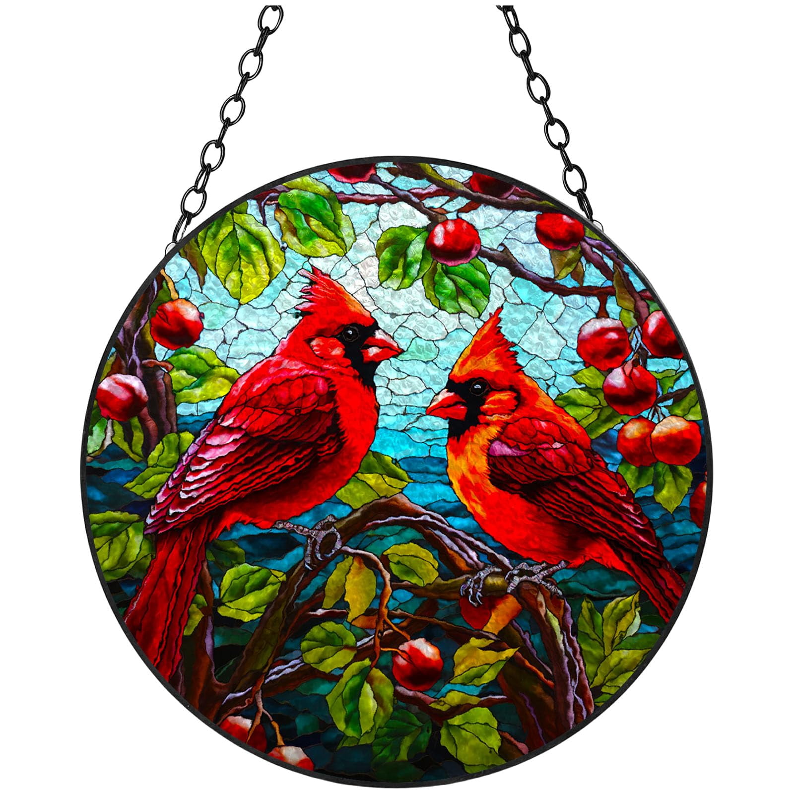 Northern Red Cardinal on Berry Tree Stained Glass Suncatcher Handmade ...
