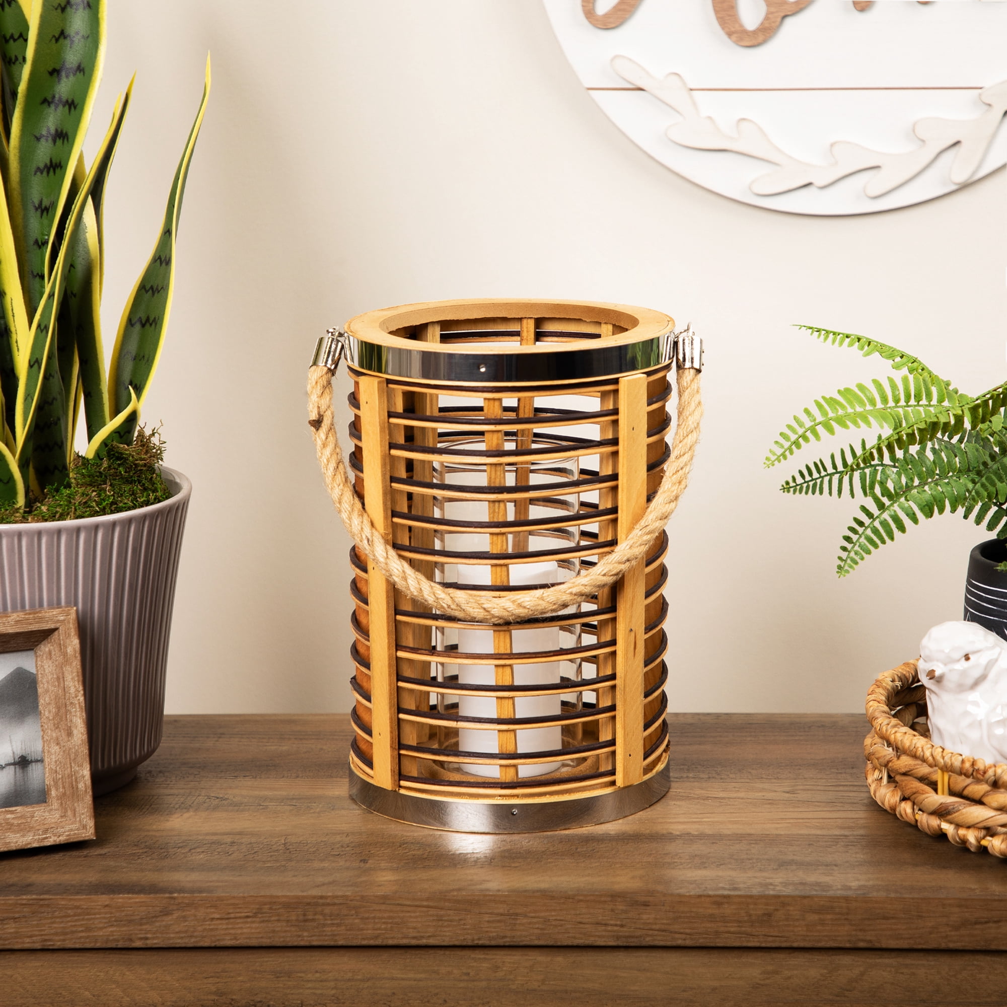Northlight Rattan Glass Candle Lantern with Jute Handle - 11.5 ...