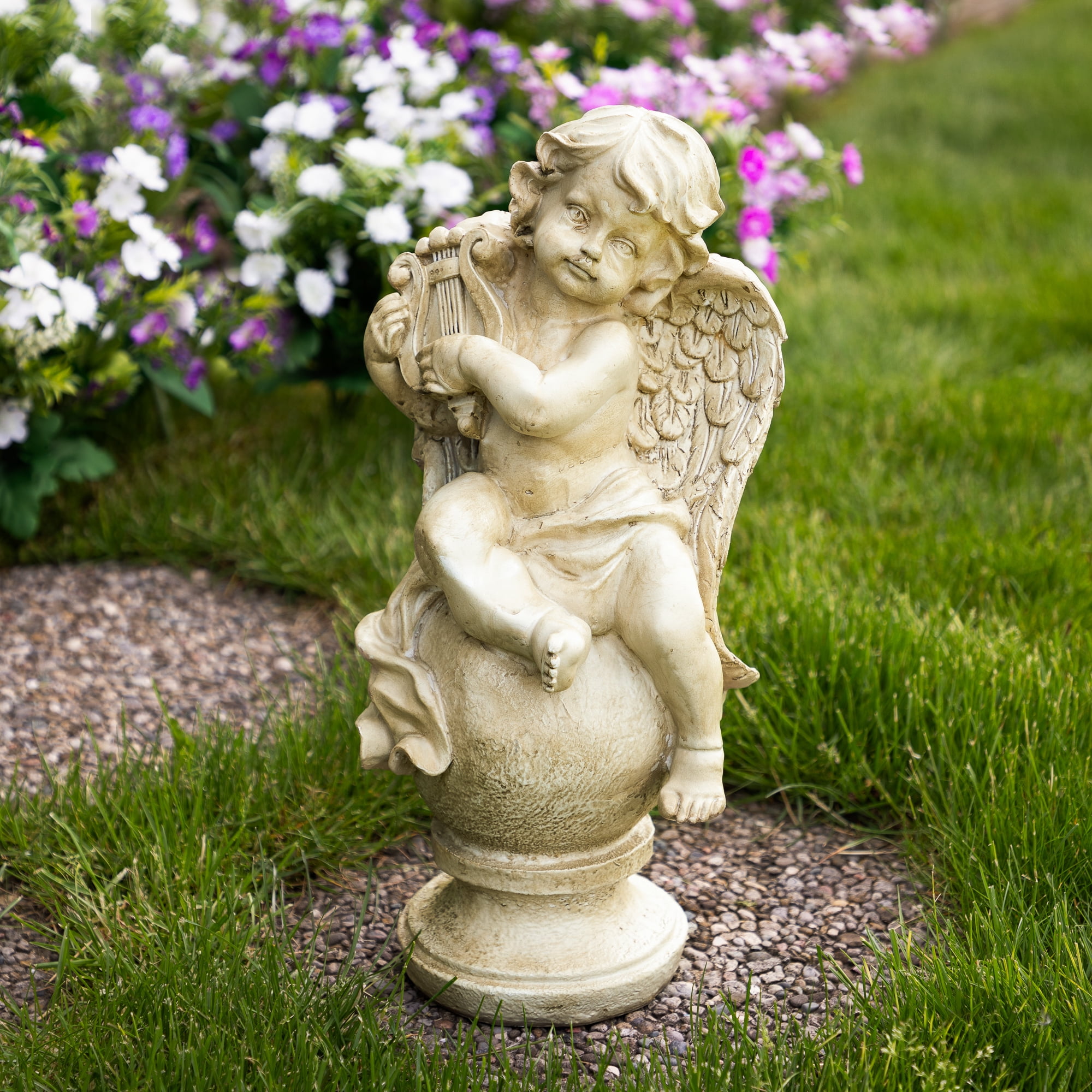 Northlight 12" Weathered Cherub with Lyre Outdoor Patio Garden Statue ...