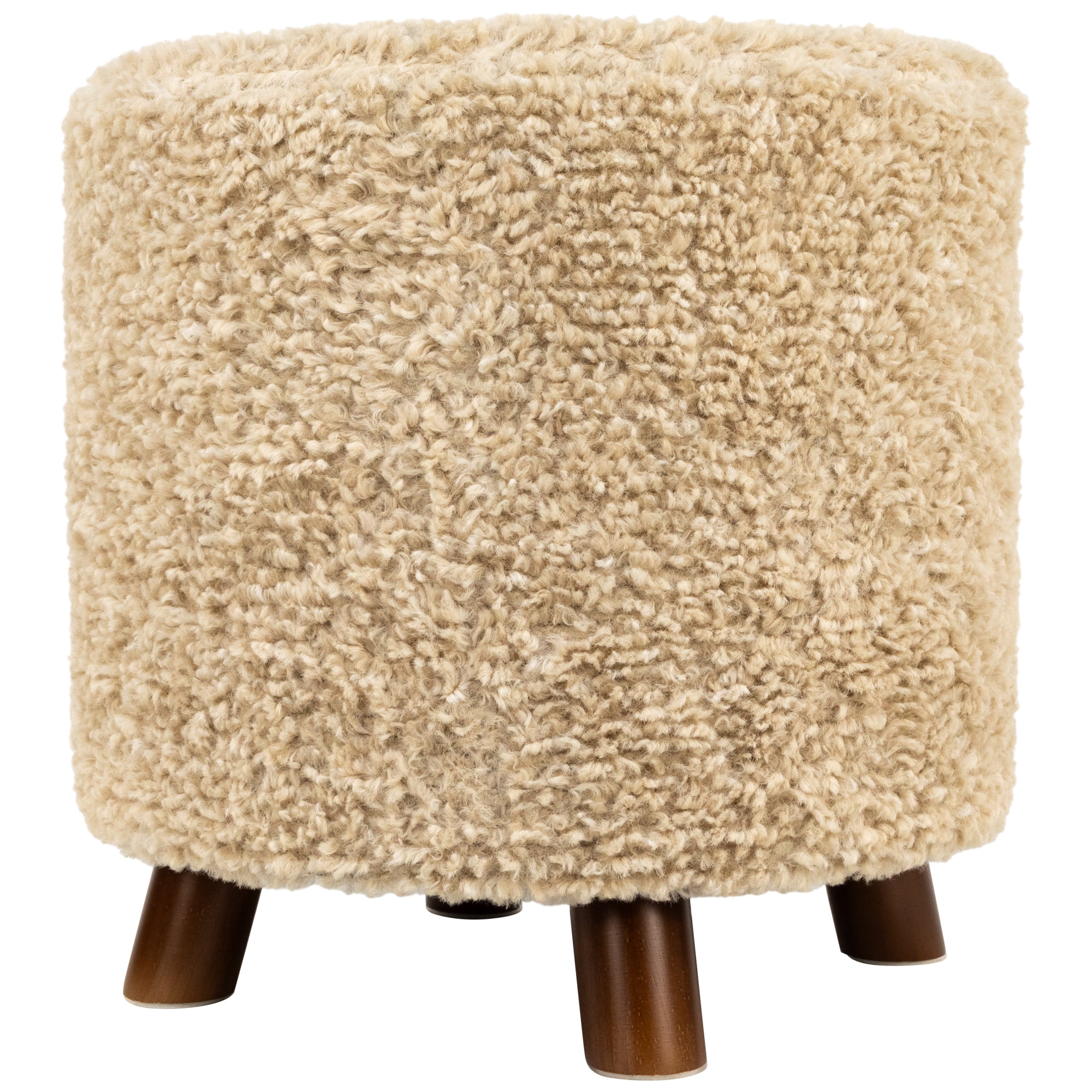 Northlight 16" Beige Plush Round Footstool Ottoman with Oak Legs ...